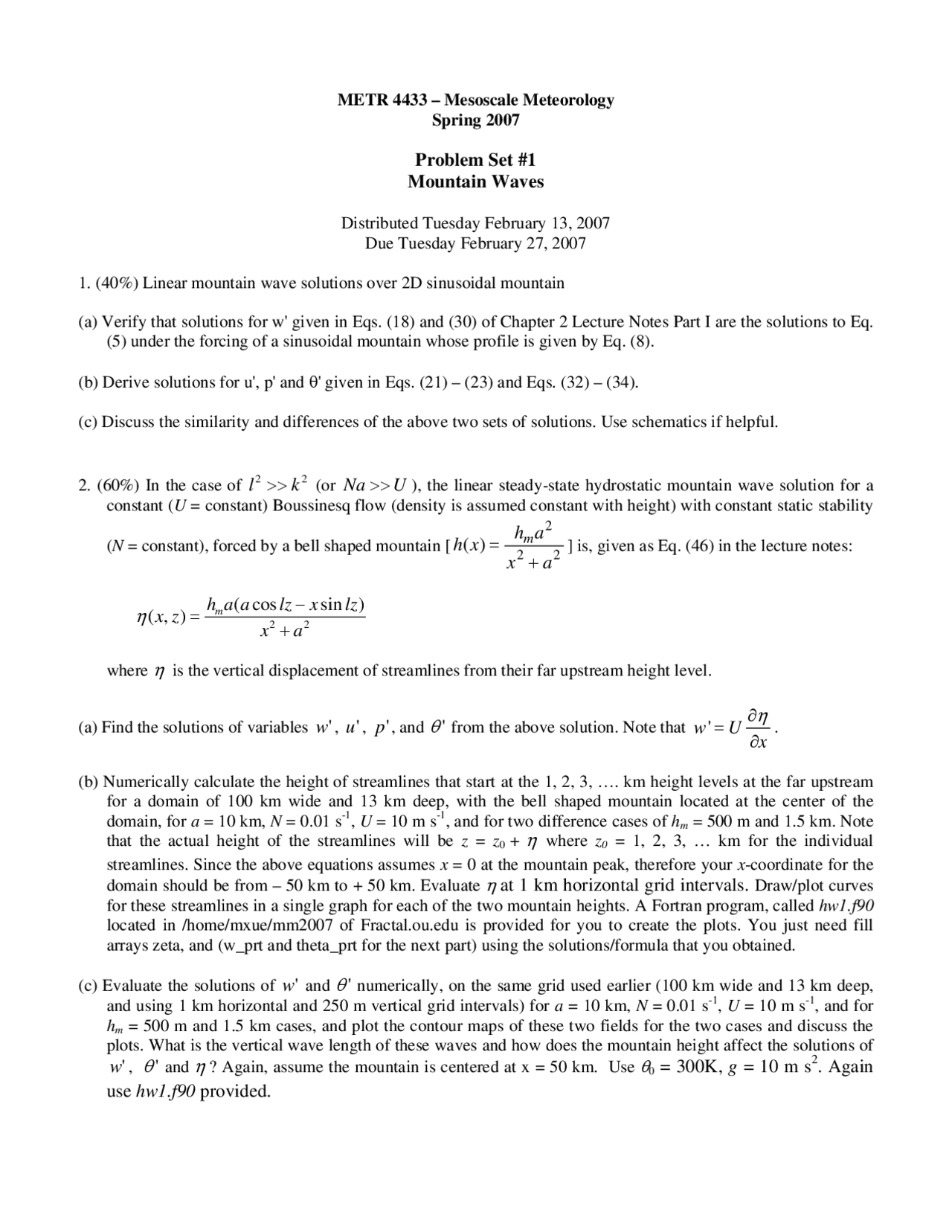 Problem Set 1 Mesoscale Meteorology Spring 2007 Metr 4433 Docsity
