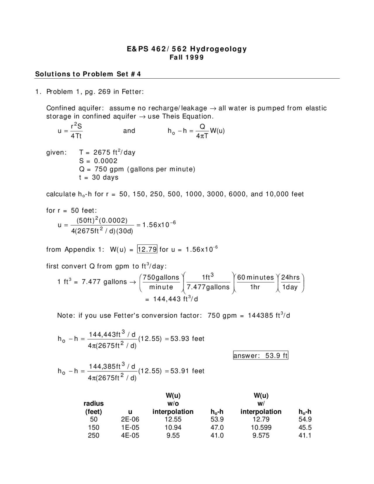 Solutions For Homework 4 Hydrogeology Eps 462 Docsity