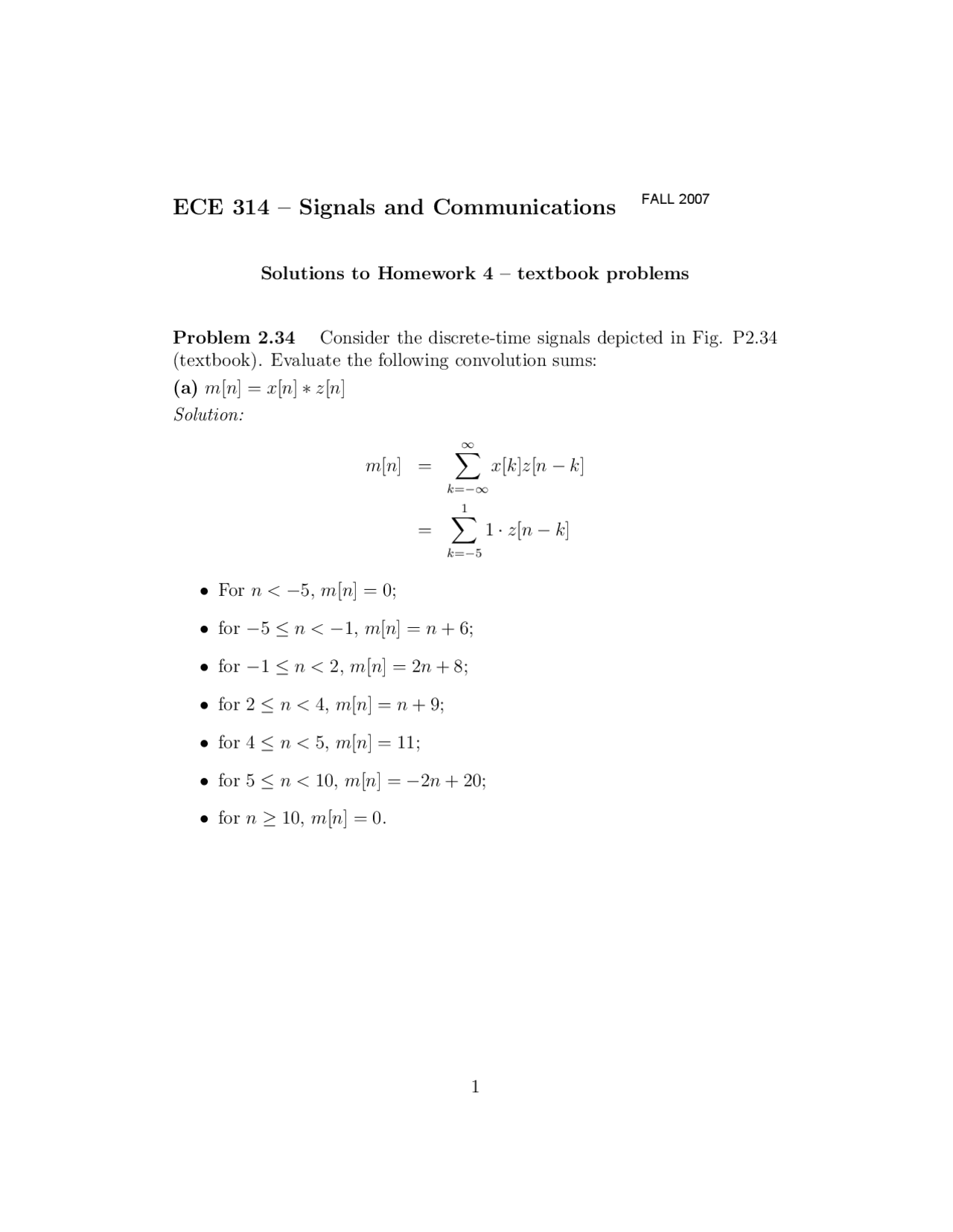 Solution To Homework 4 Signals And Systems Fall 2004 Ece 314