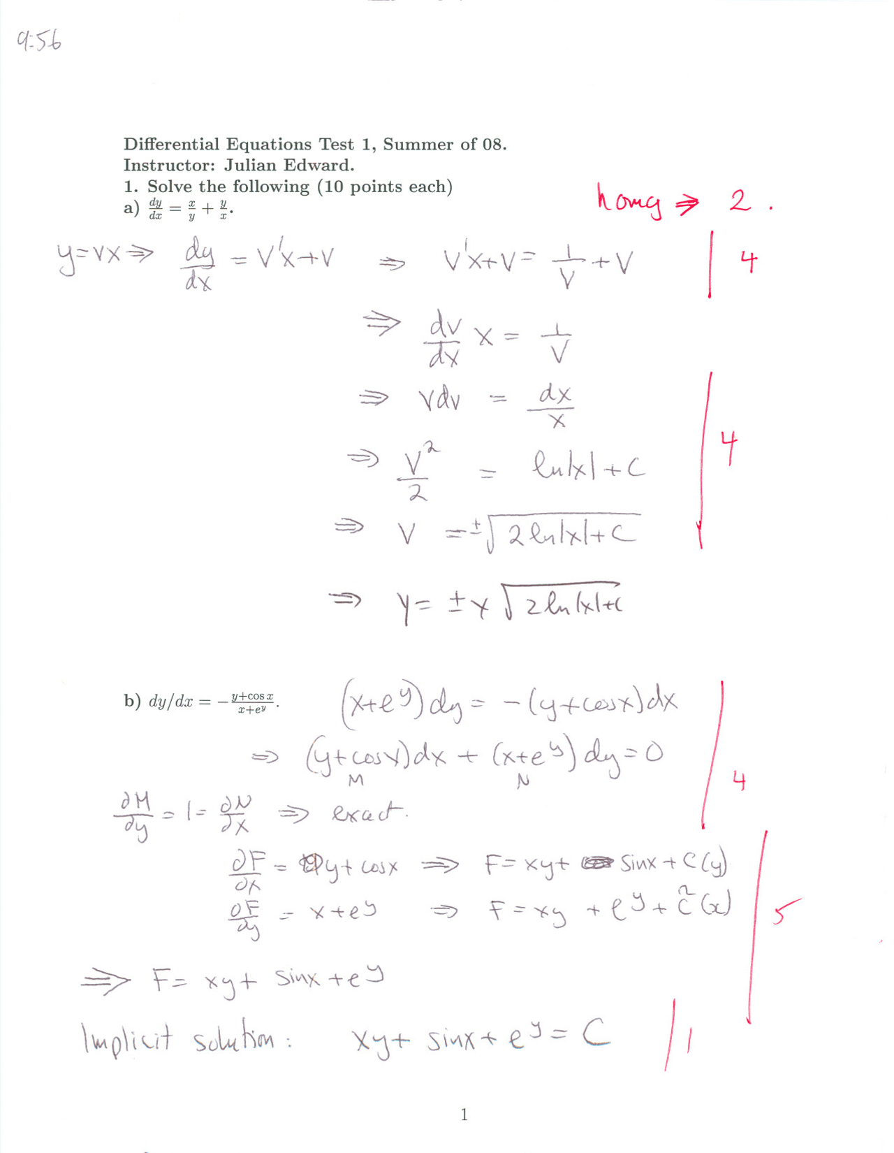 Differential Equations Solved Test 1 Map 2302 Docsity