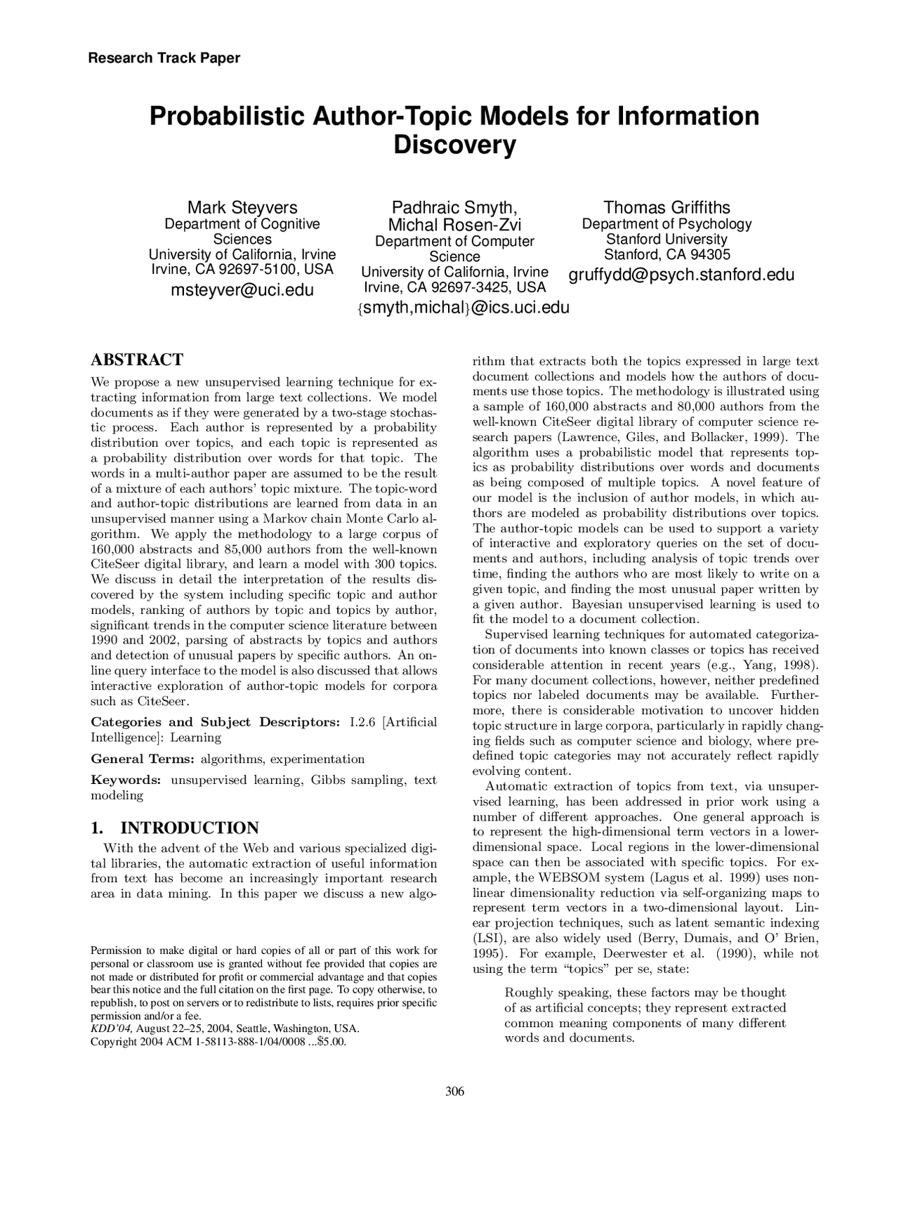 Probability Author Topic Models for Information Discovery | CIS 4930 | Study Guides, Projects ...