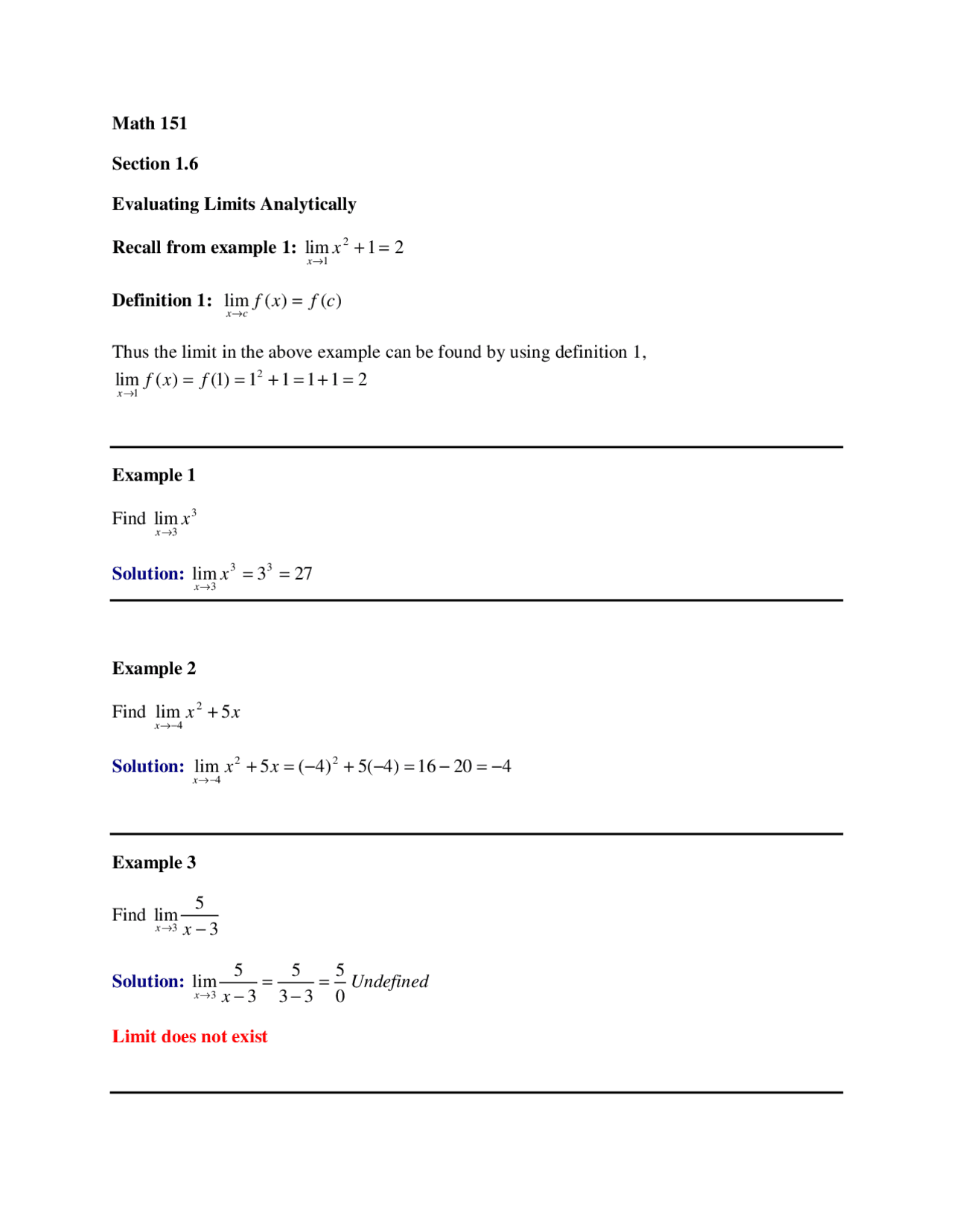 Evaluating Limits Analytically - Problems with Solutions | MATH 151 ...