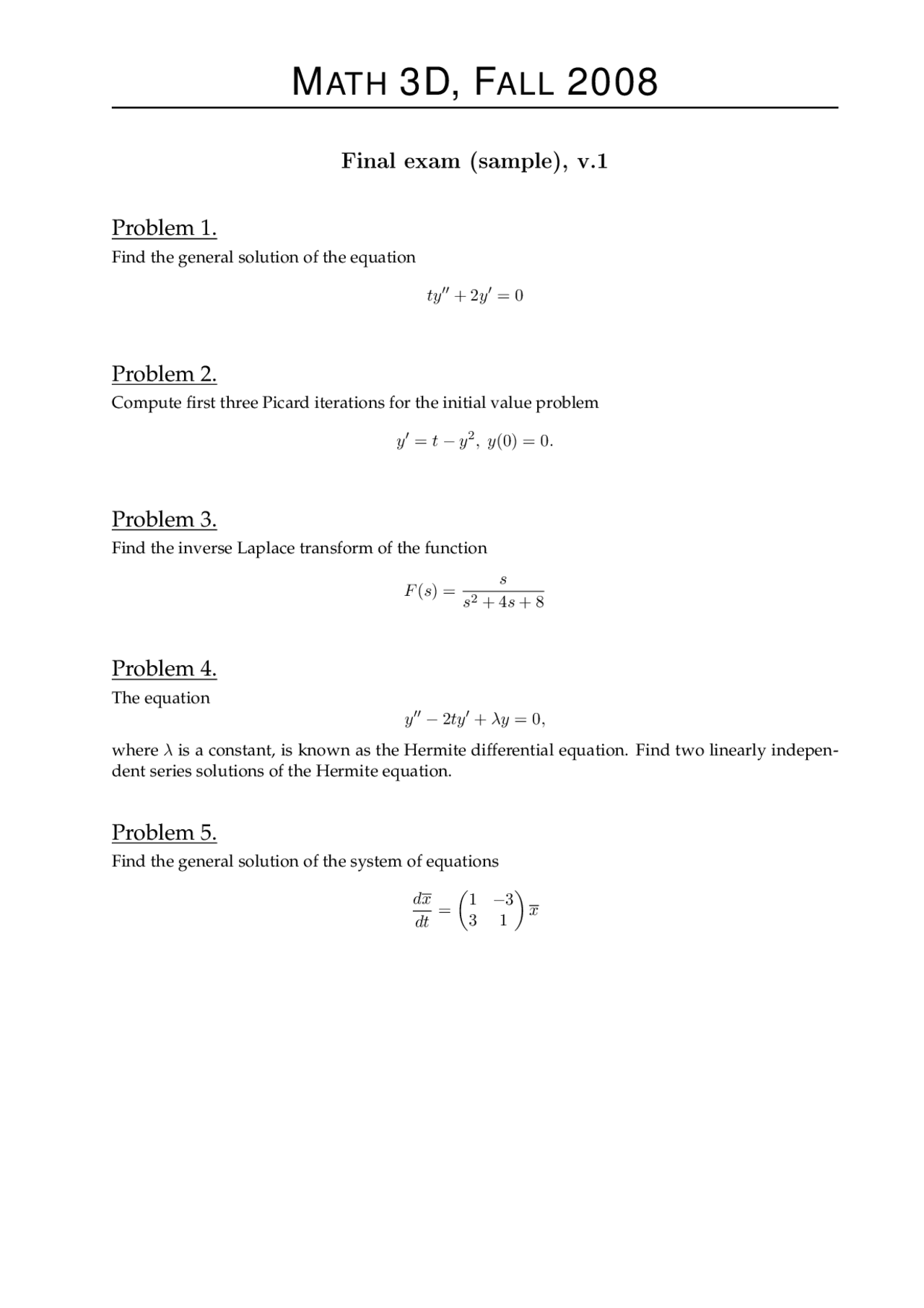 Final Exam Questions For Elementary Differential Equations Math 3