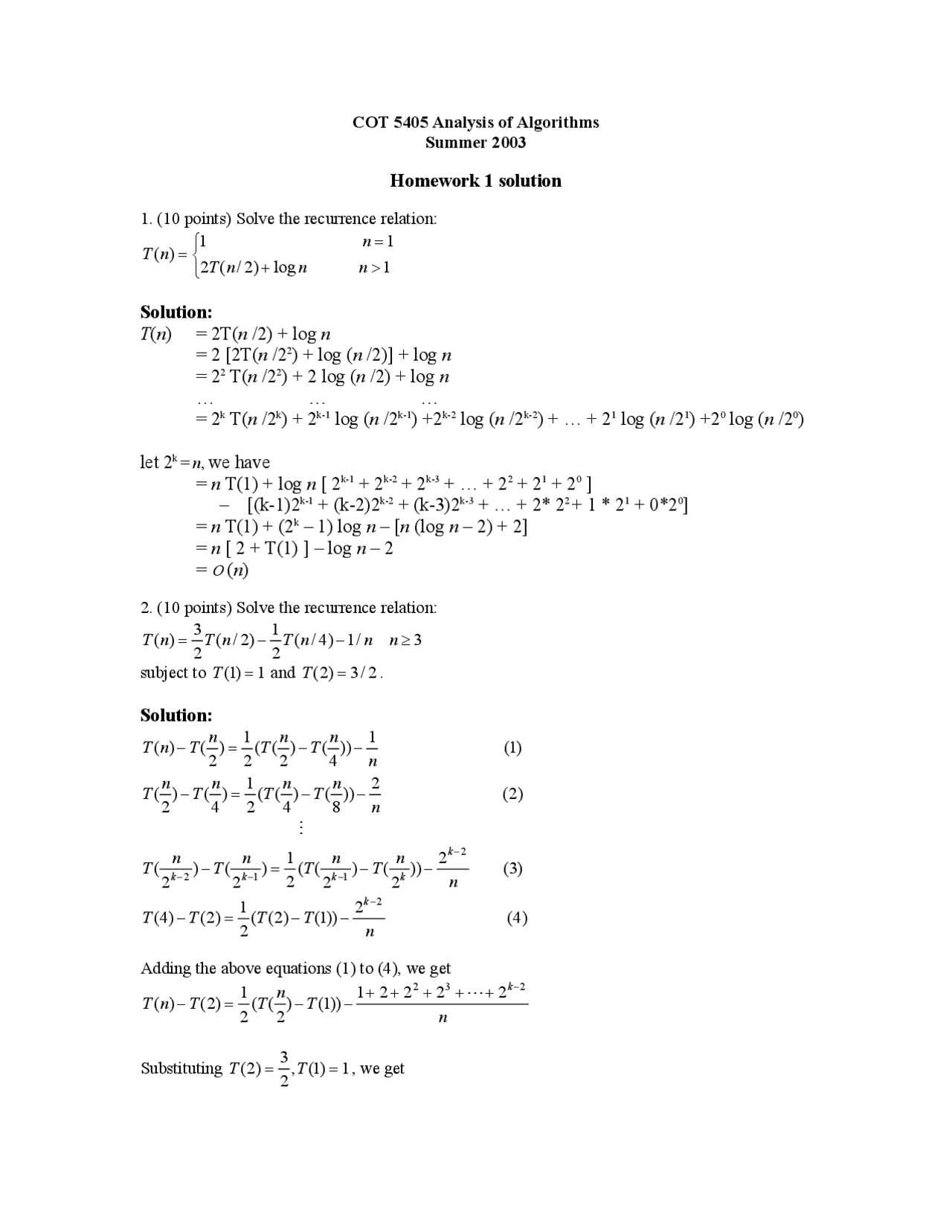 Homework 1 Solutions Analysis Of Algorithms Cot 5405 Docsity