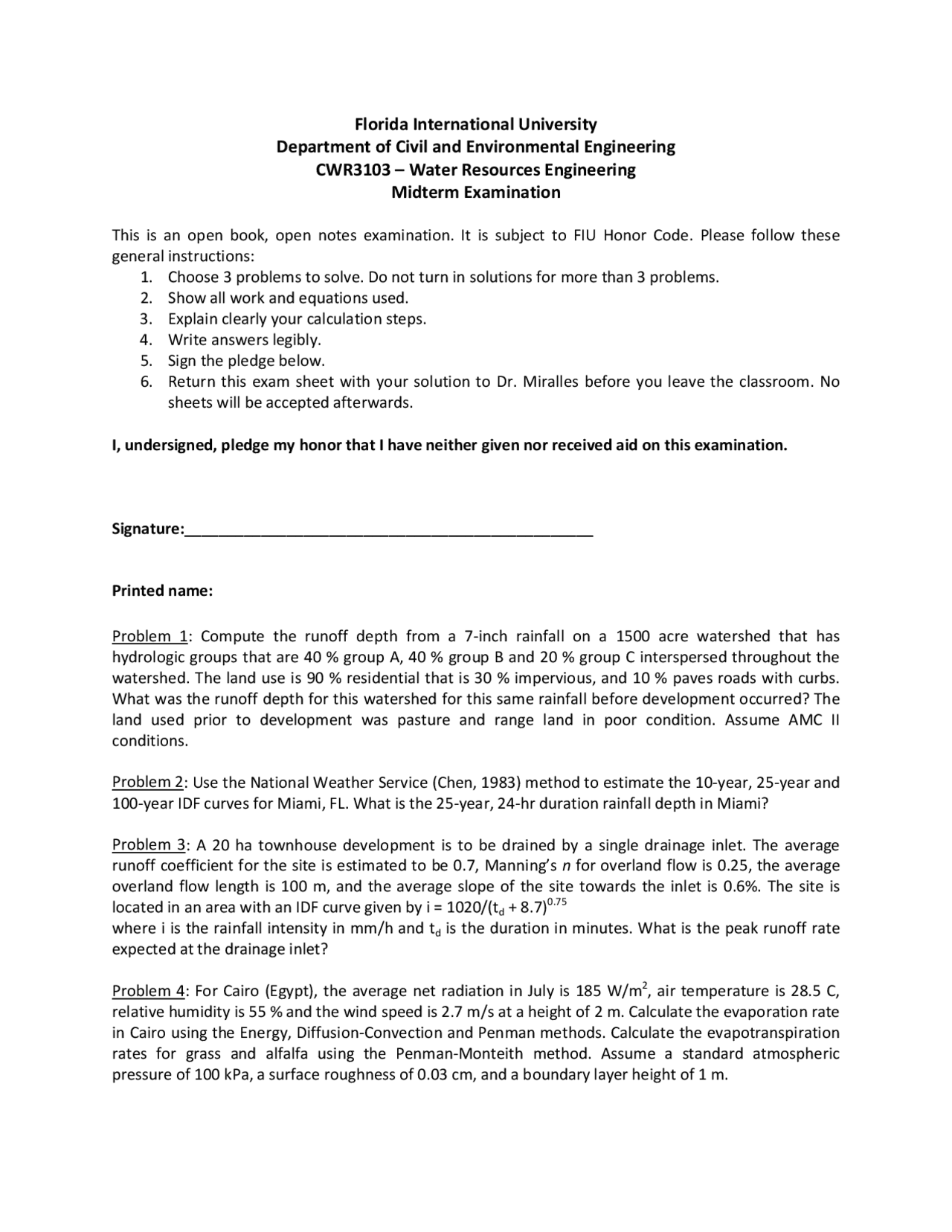 Water Resources Engineering Midterm Exam Cwr 3103 Docsity