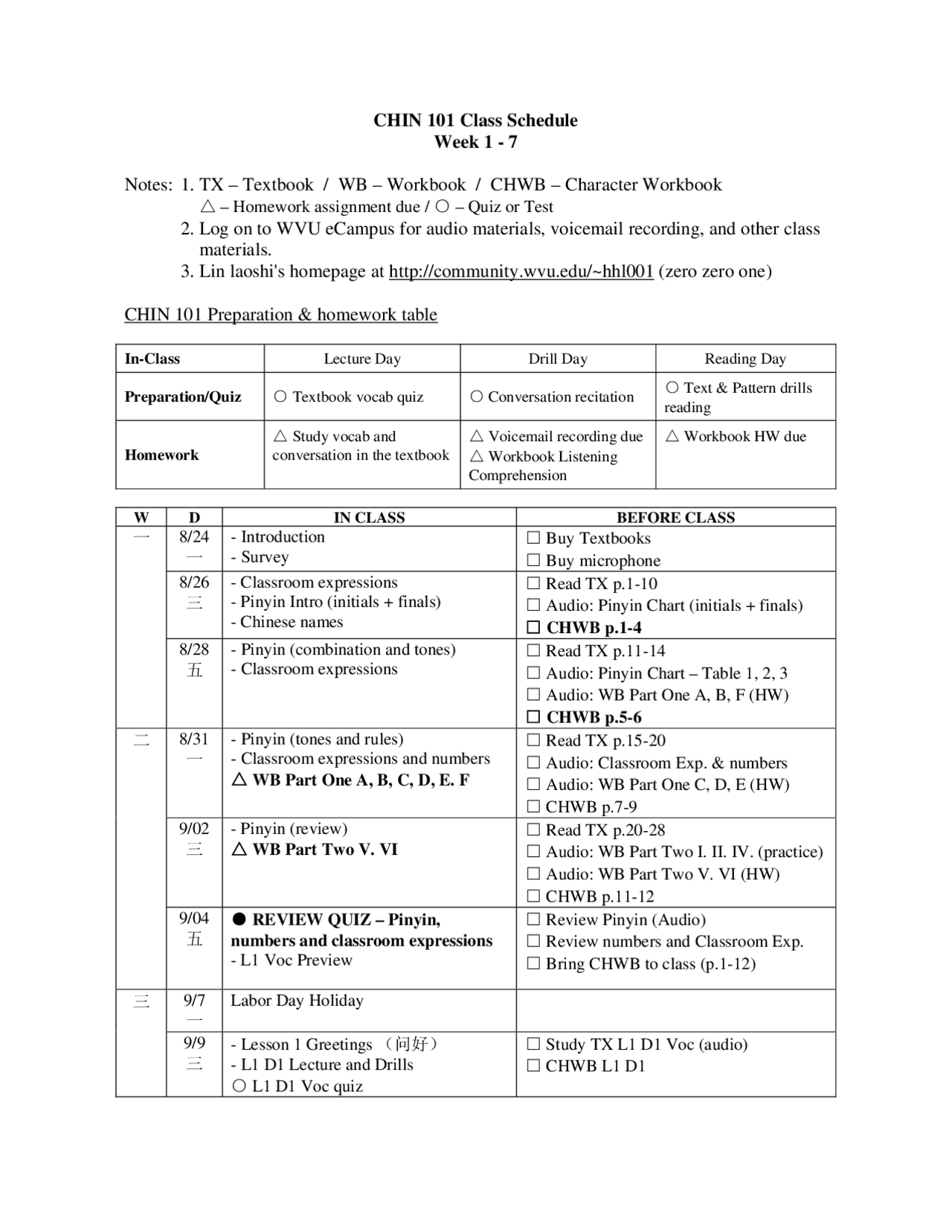 Class Schedule for 7 Weeks - First Year Chinese 1 | CHIN 101 - Docsity