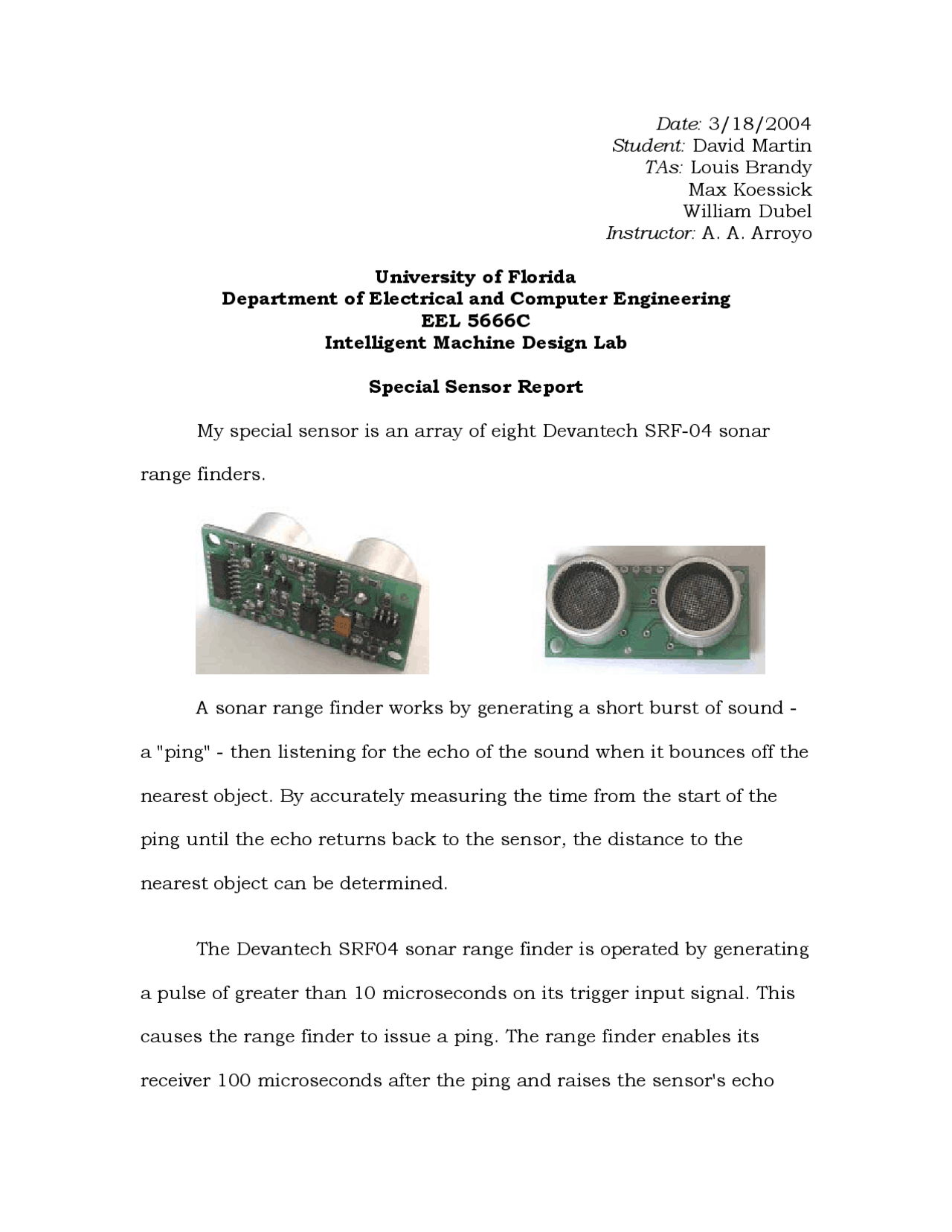 Special Sensor Report Intelligent Machines Design Laboratory Eel
