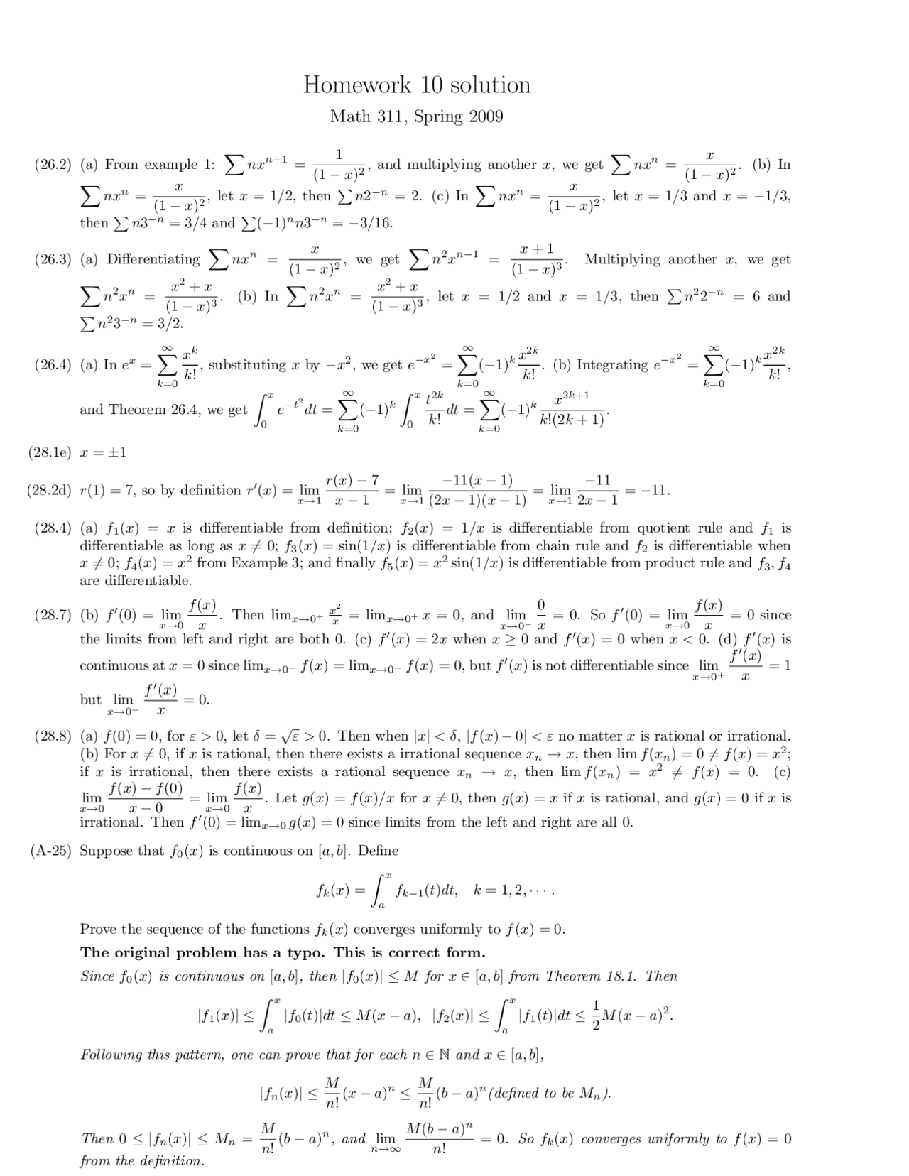 Homework 10 With Solutions For Elementary Analysis Math 311 Docsity