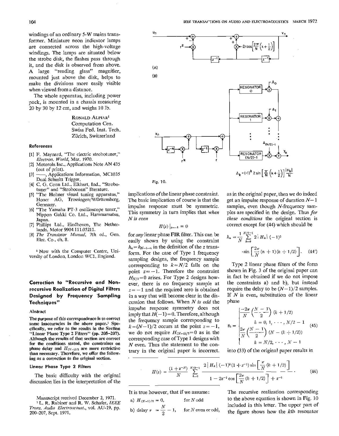 Correction to Recursive and Non Recursive realization of the Digital ...