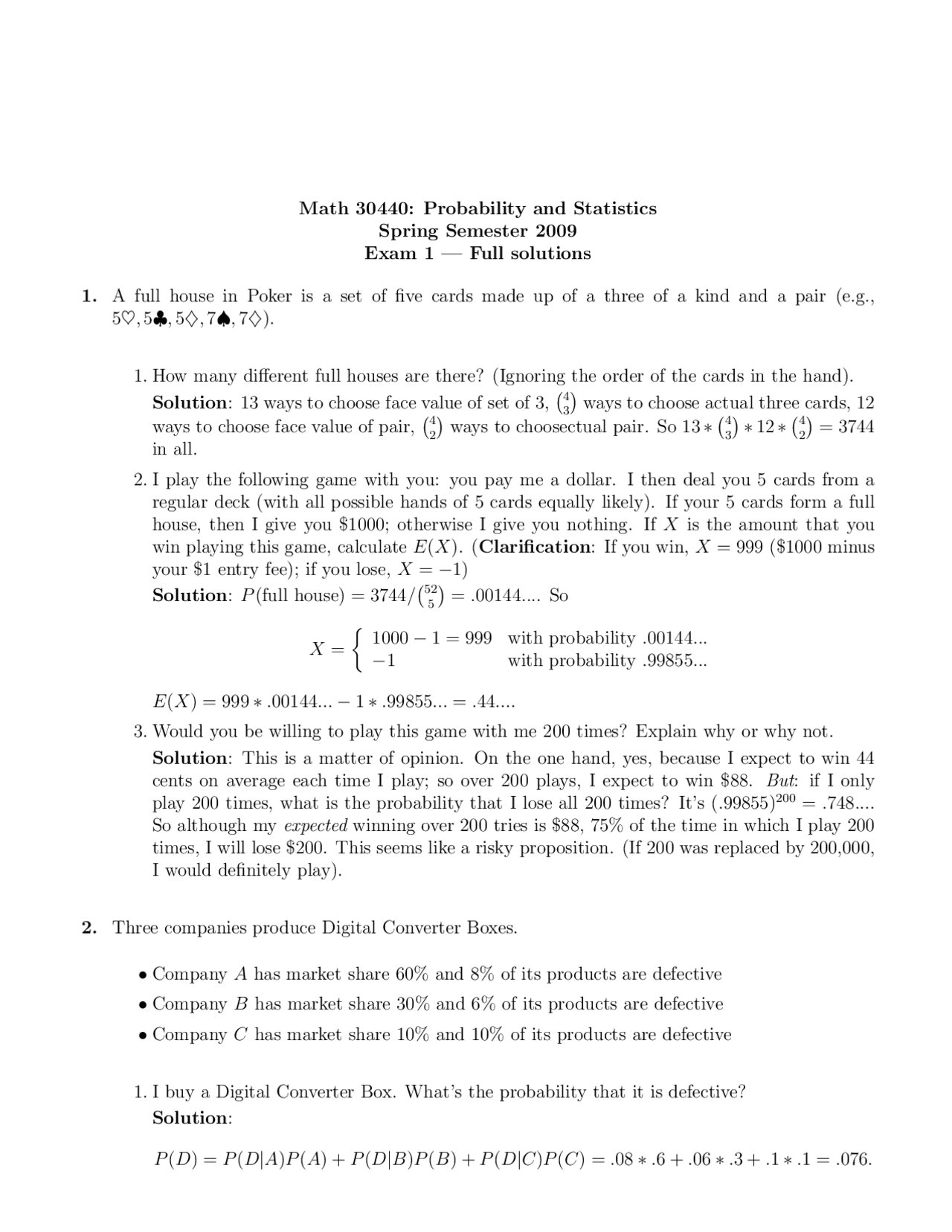 6 Solved Problems on Probability Density Functions - Exam 1 | MATH 30440 - Docsity