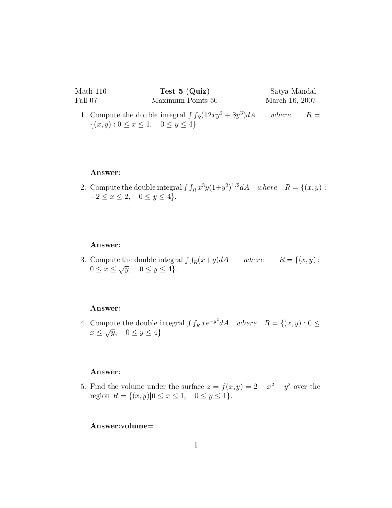 Test Five Questions For Calculus Ii Math 116 Docsity