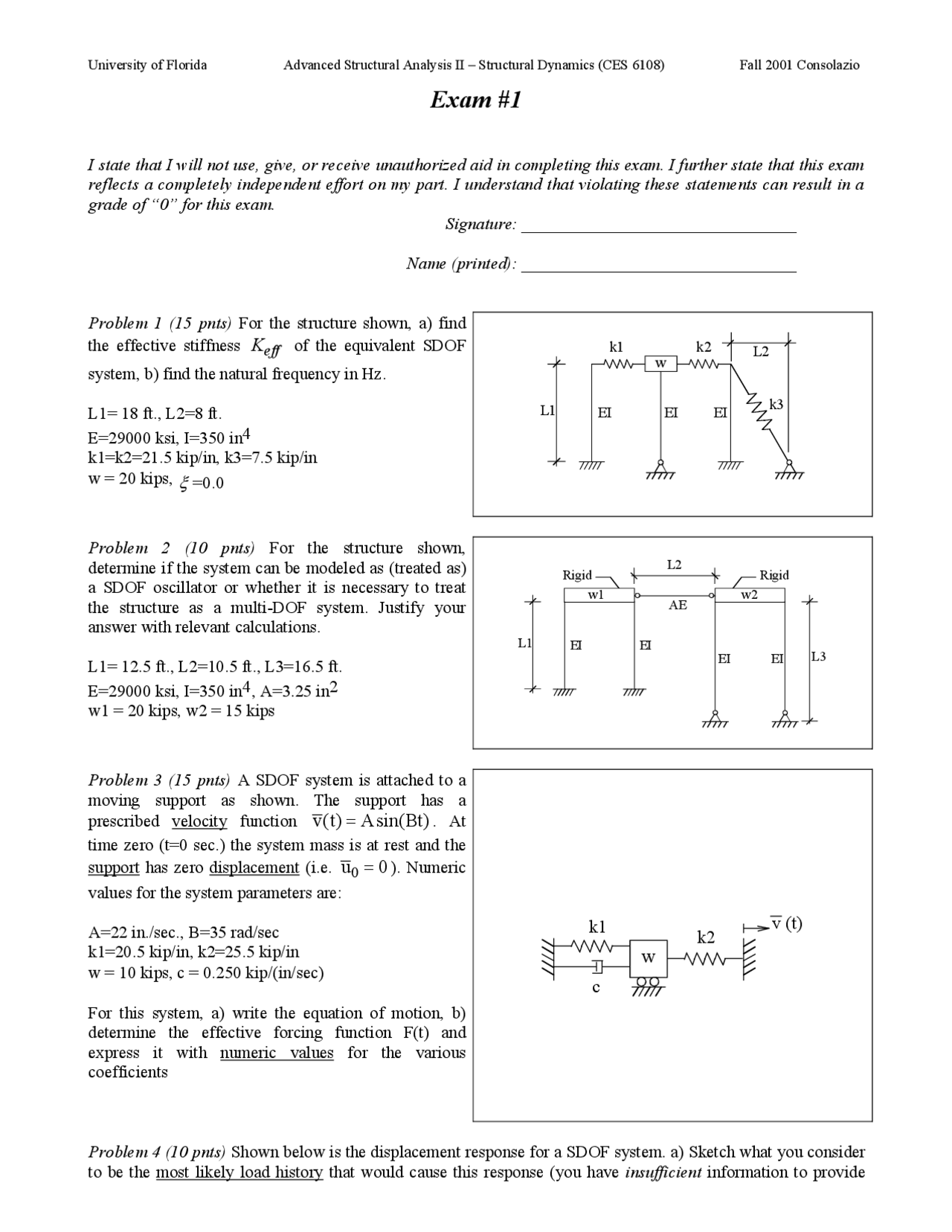 Practice Exam 1 Fall 2001 Structural Dynamics Ces 6108 Docsity