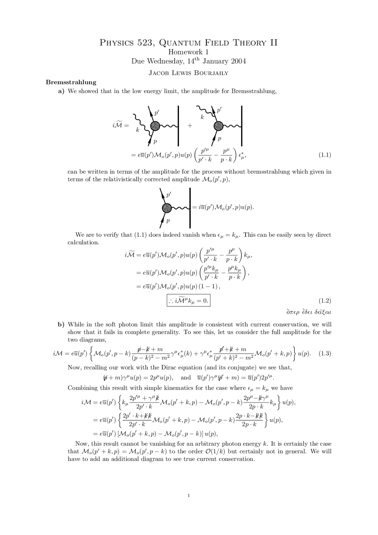 Quantum Field Theory Ii Assignment 1 Physics 523 Assignments