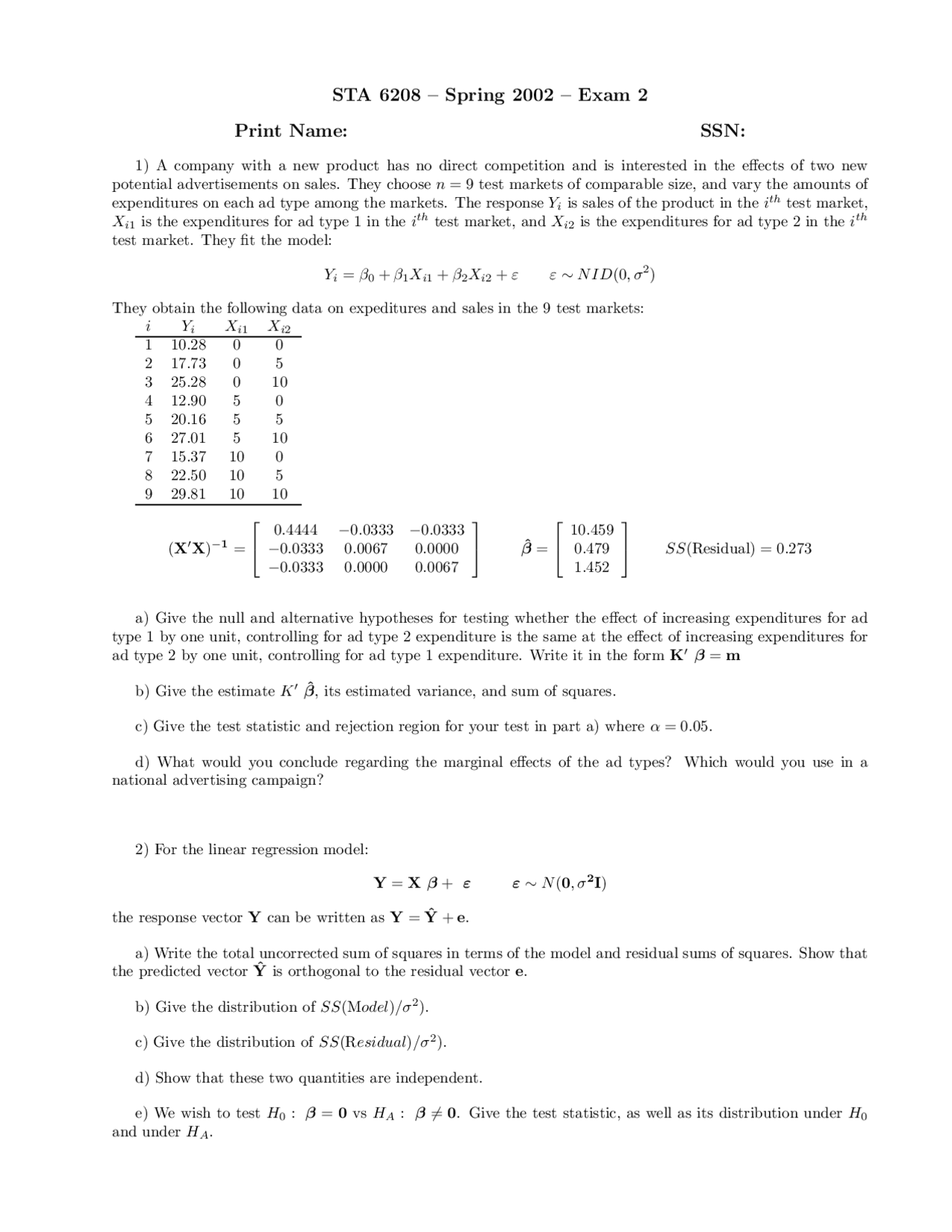 Exam 2 Questions Basic Design Analysis Experiment Sta 6208 Docsity