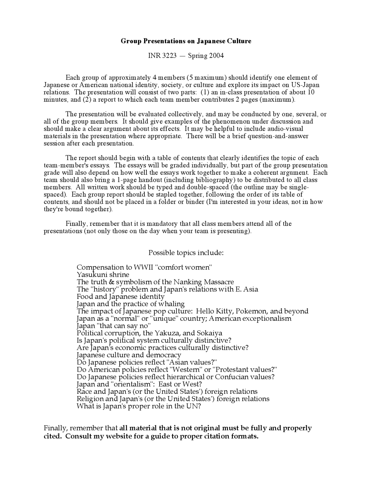 Group Presentations on Japanese Culture - Outline | INR 3223 - Docsity