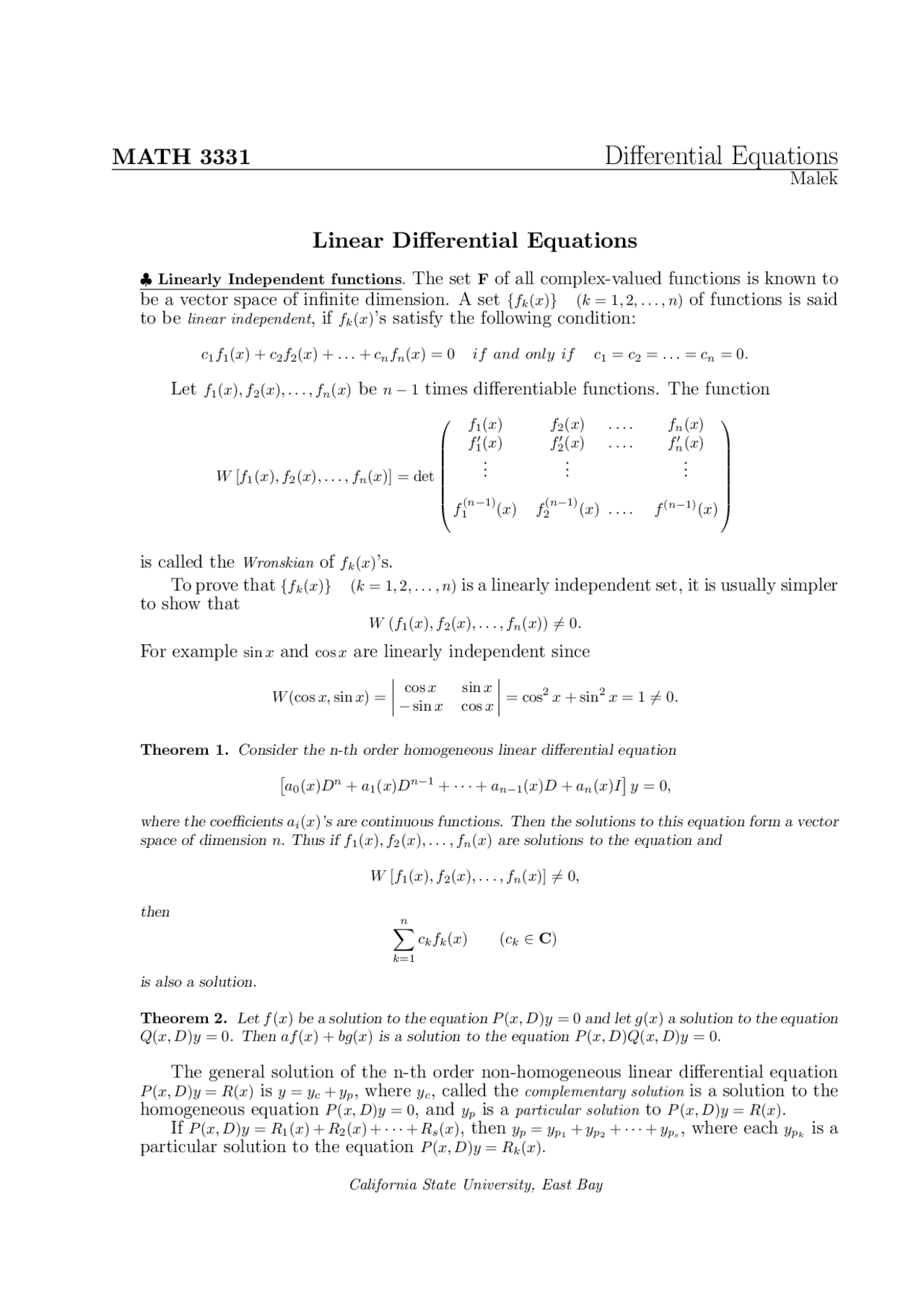Linear Differential Equations Lecture Notes Math 3331 Docsity