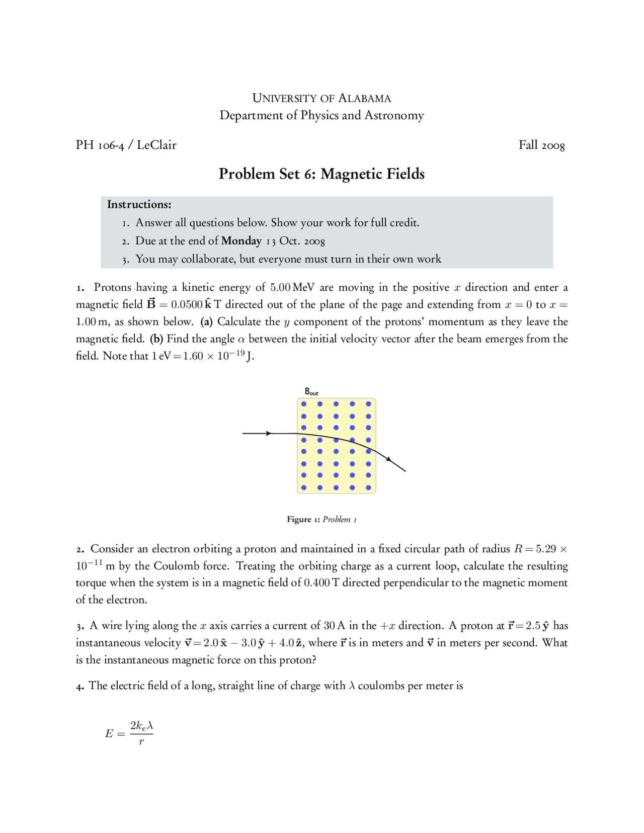 General Physics with Calculus II - Problem Set 6 on Magnetic Field | PH ...