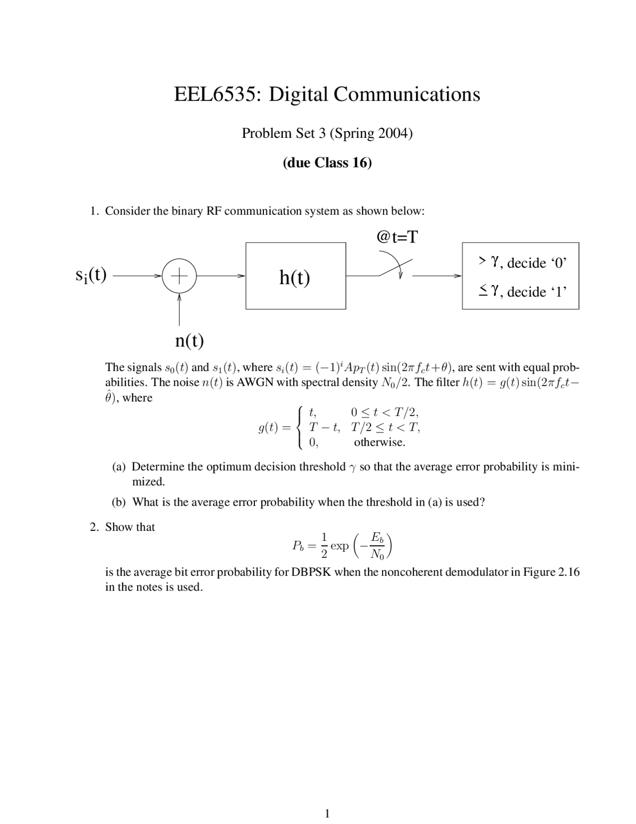 Problem Set 3 For Digital Communication Spring 2004 Eel 6535 Docsity