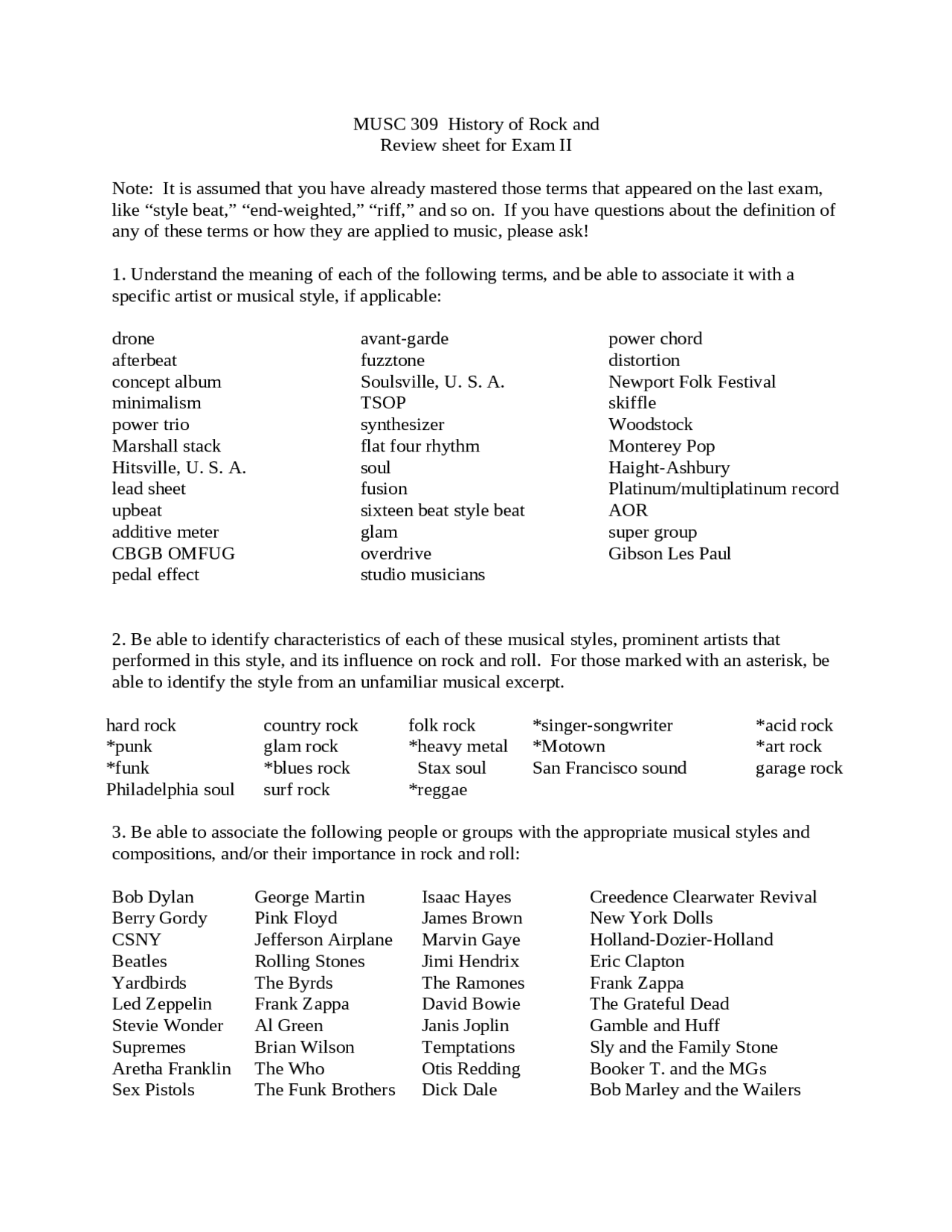Review Sheet For Exam 2 History Of Rock And Roll Musc 309 Docsity