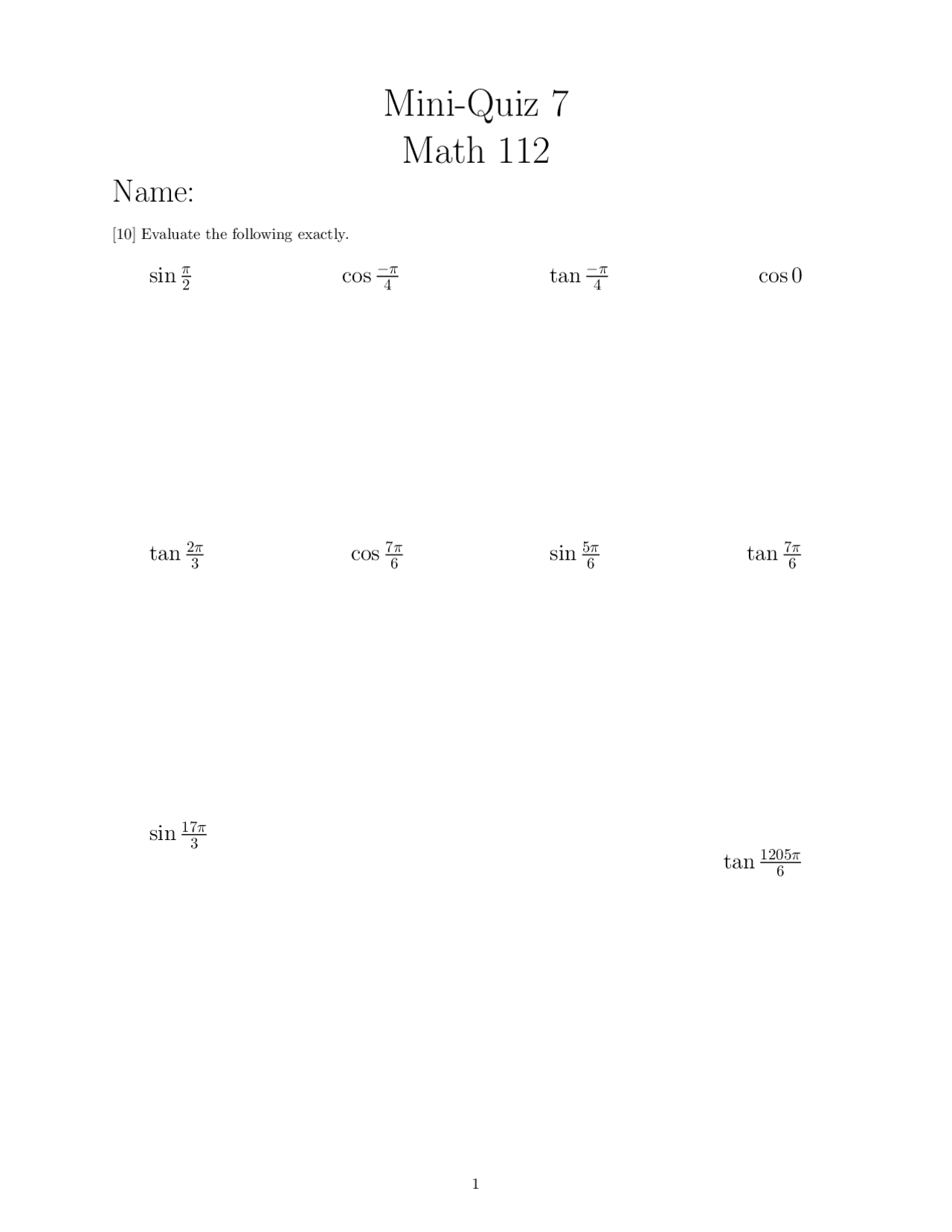 Questions To Evaluate The Elementary Functions Assignment 7 Math 112 Docsity