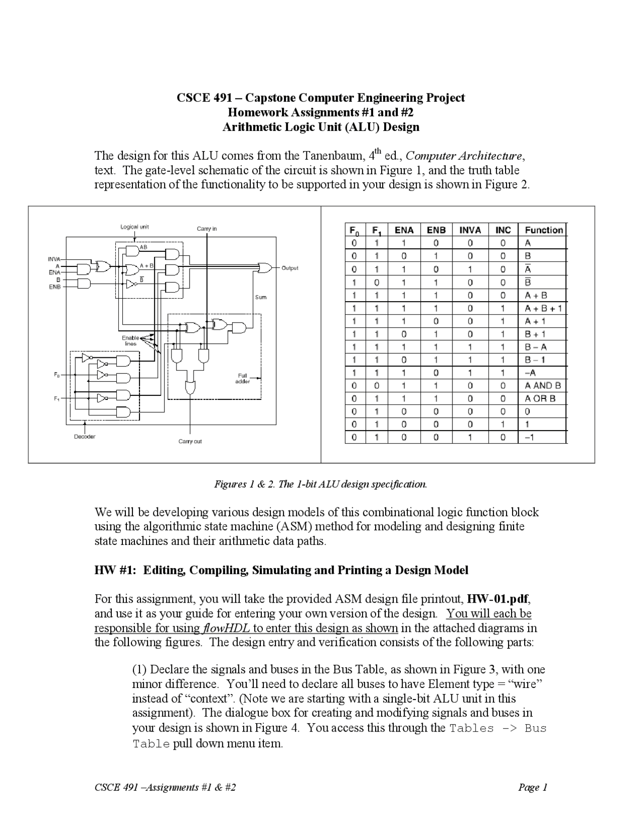 Homework Assignment 1 - Arithmetic Logic Unit Design | CSCE 491 - Docsity