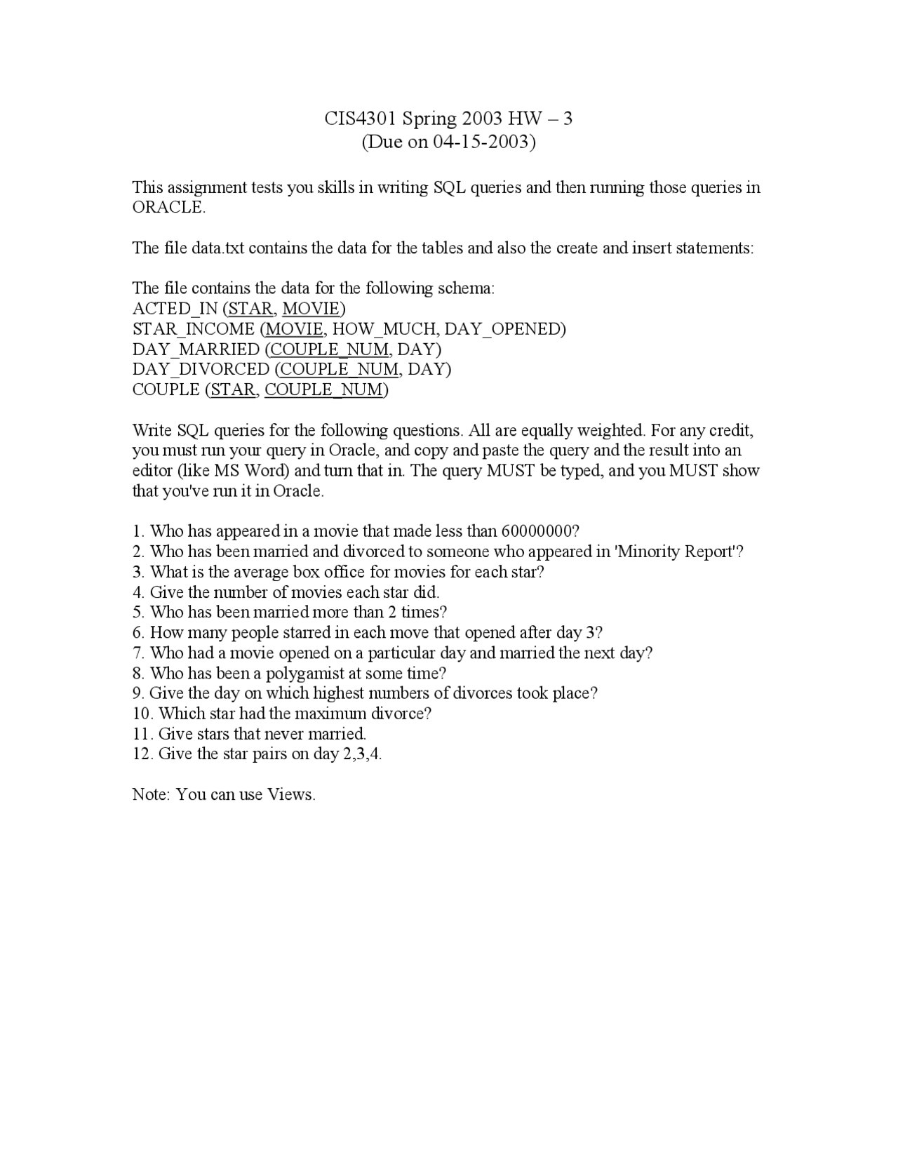 Information And Database System 1 Homework 3 Practice Cis 4301