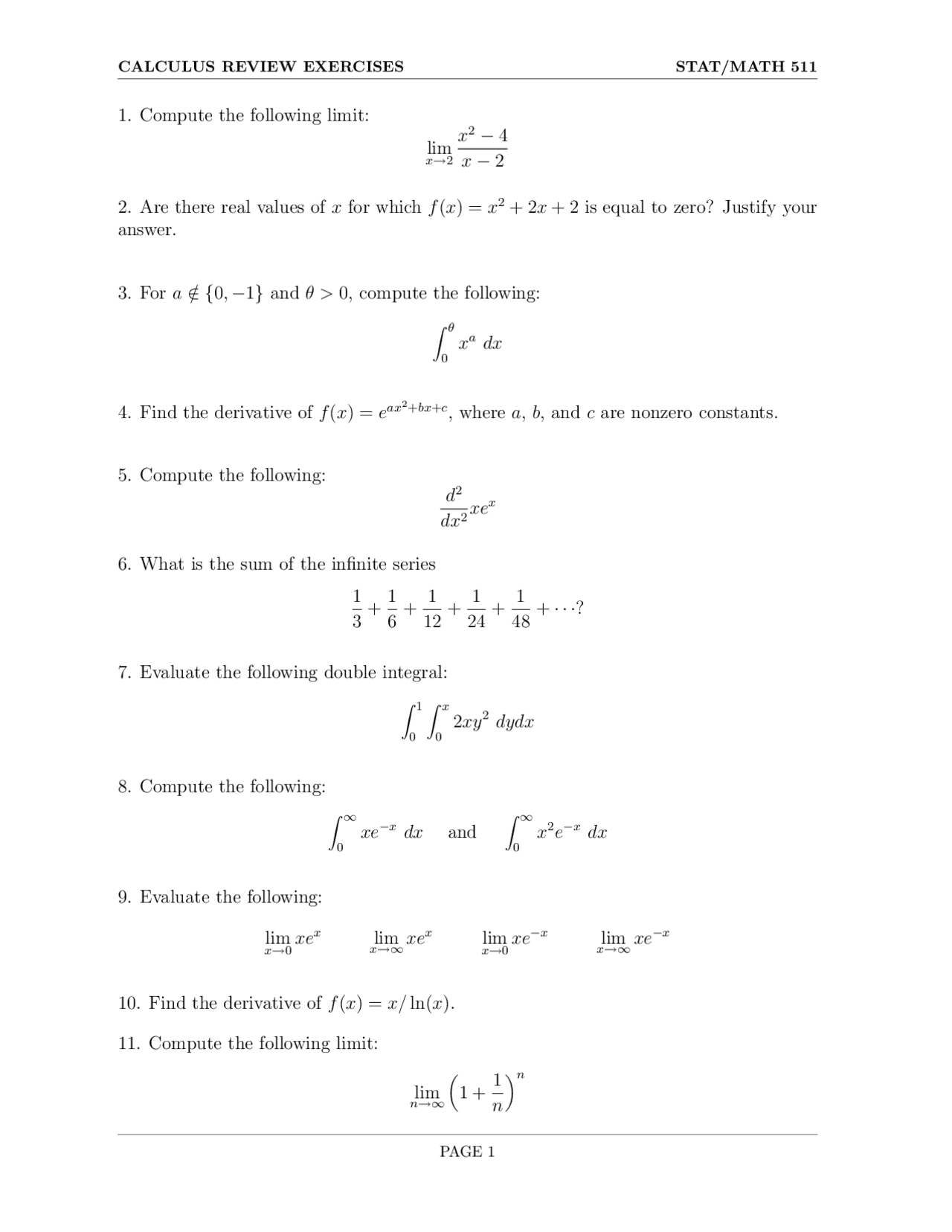 Calculus Exercise Review Sheet - Probability | MATH 511 - Docsity
