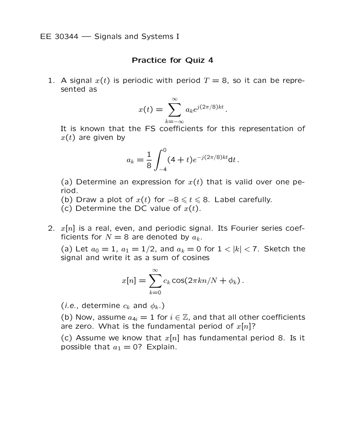 Practice For Quiz 4 Signals And Systems I Ee 30344 Docsity