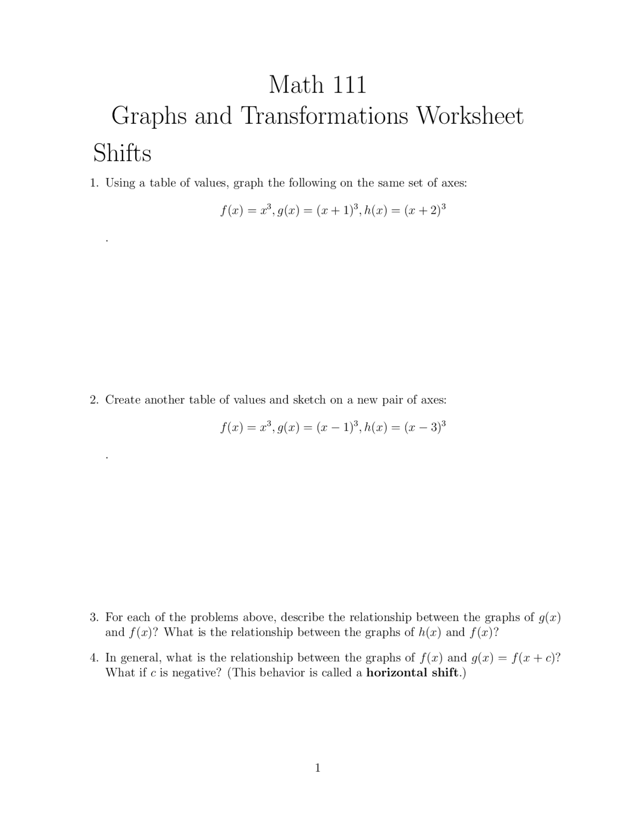 Graphs and Transformations Worksheet Shifts | MATH 111 - Docsity
