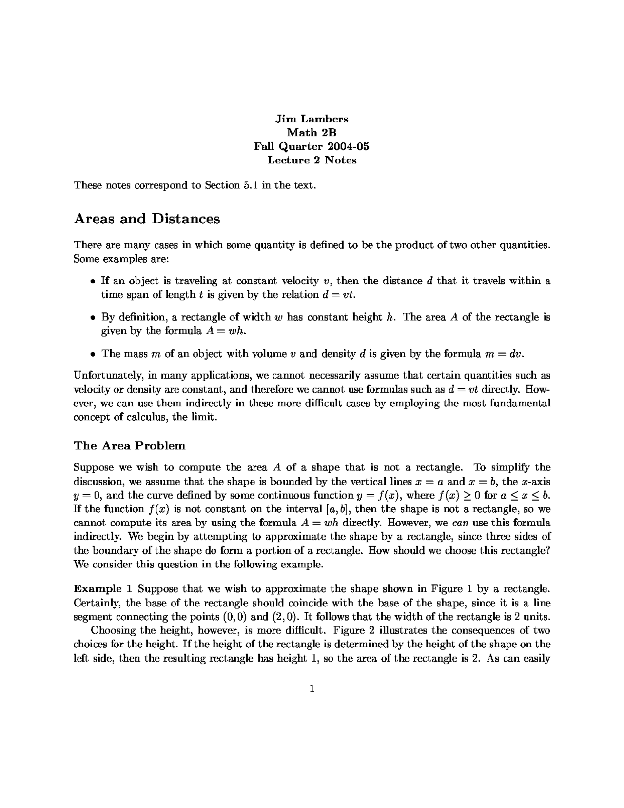 Lecture Notes On Areas And Distances Calculus Math 2b Docsity