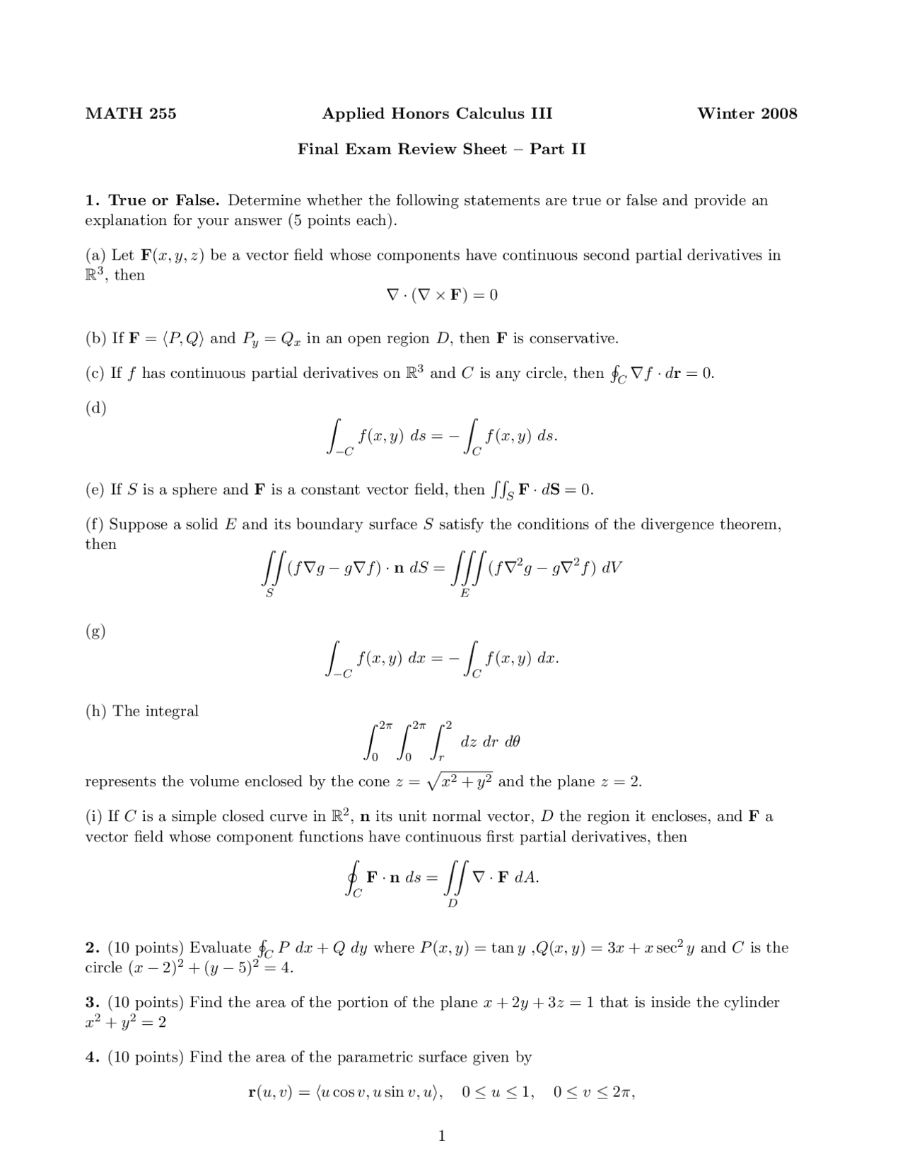 Final Exam Review Sheet Application Honors Calculus Iii Math 255