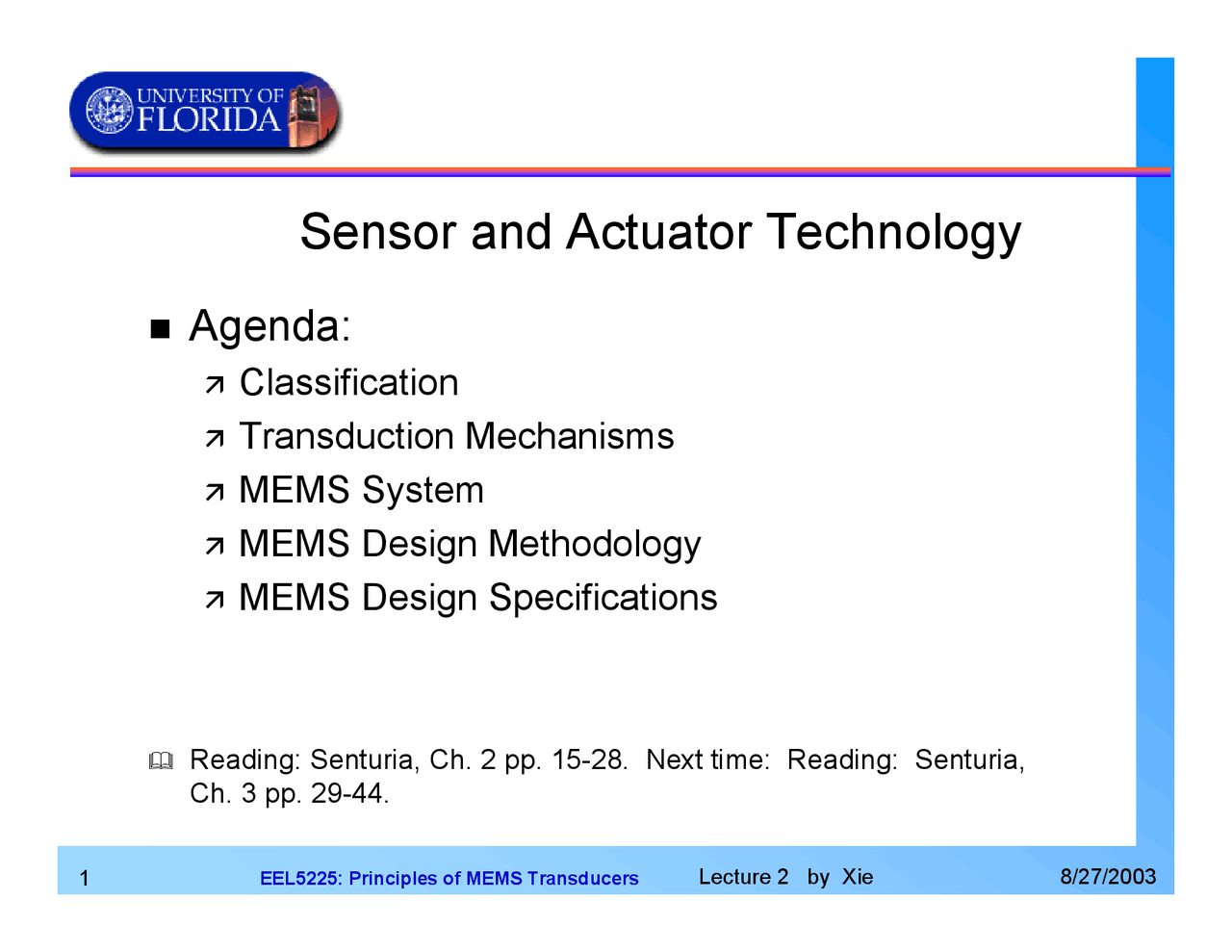 Sensor and Actuator Technology- Principles of MEMS Transducers | EEL 5225 - Docsity
