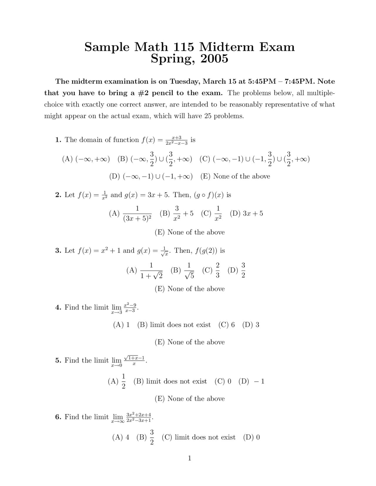 32 Mcqs In Sample Midterm Exam Calculus I Math 115 Docsity