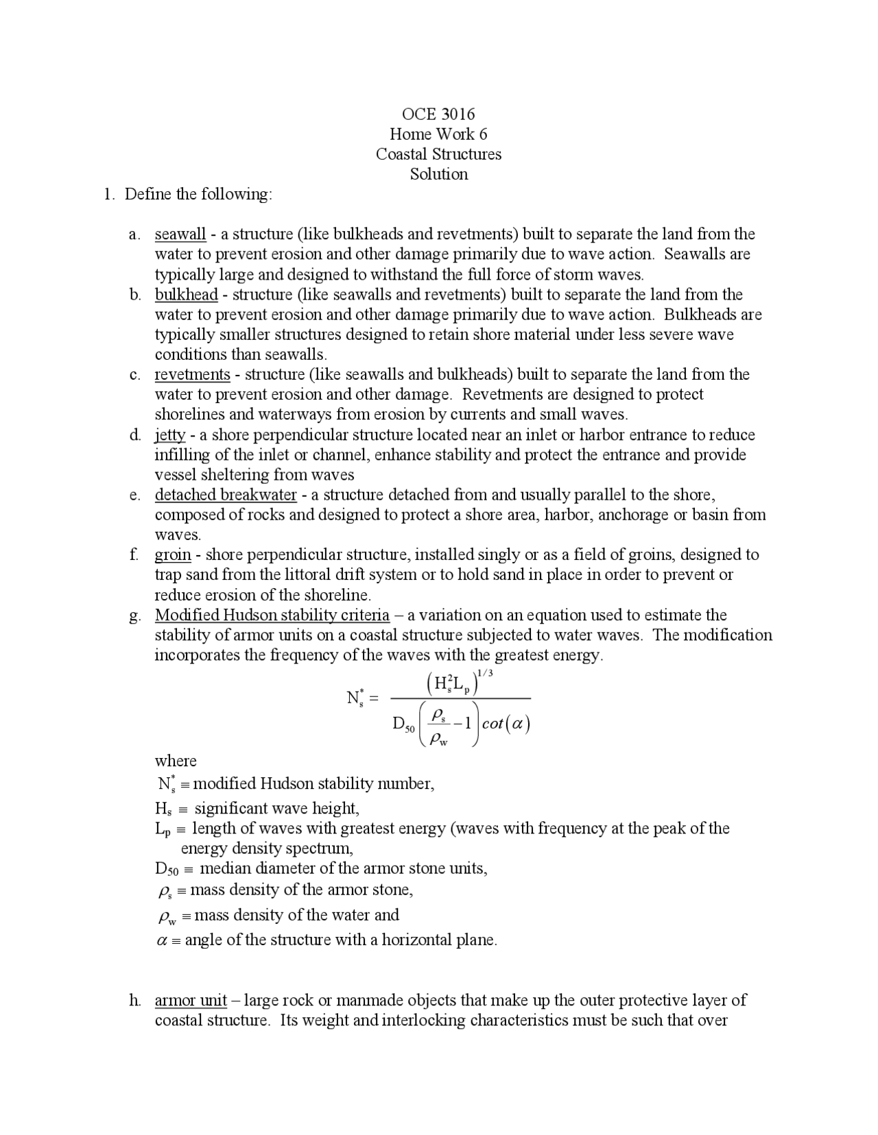 Homework 6 Solutions Coastal Structures Oce 3016 Docsity