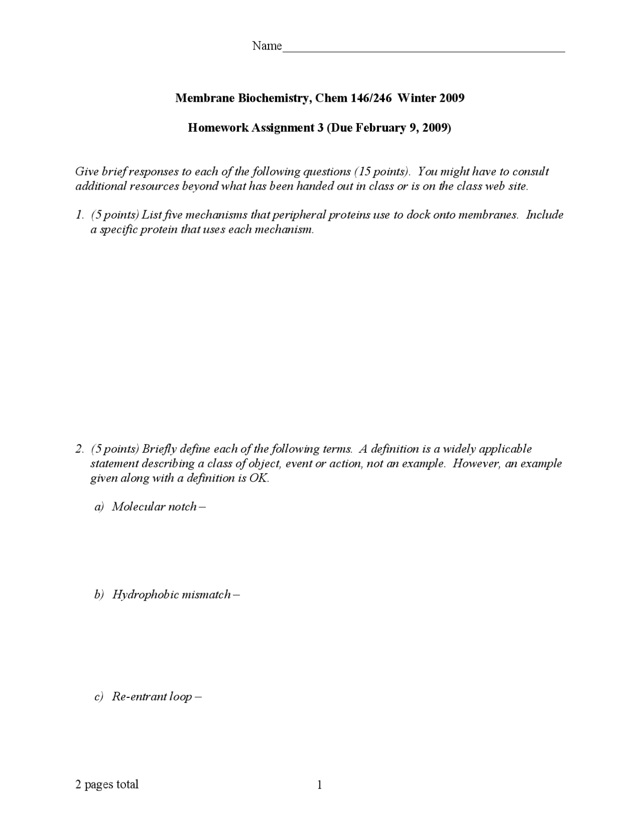 Homework Assignment 3 Membrane Biochemistry Chem 146 Docsity