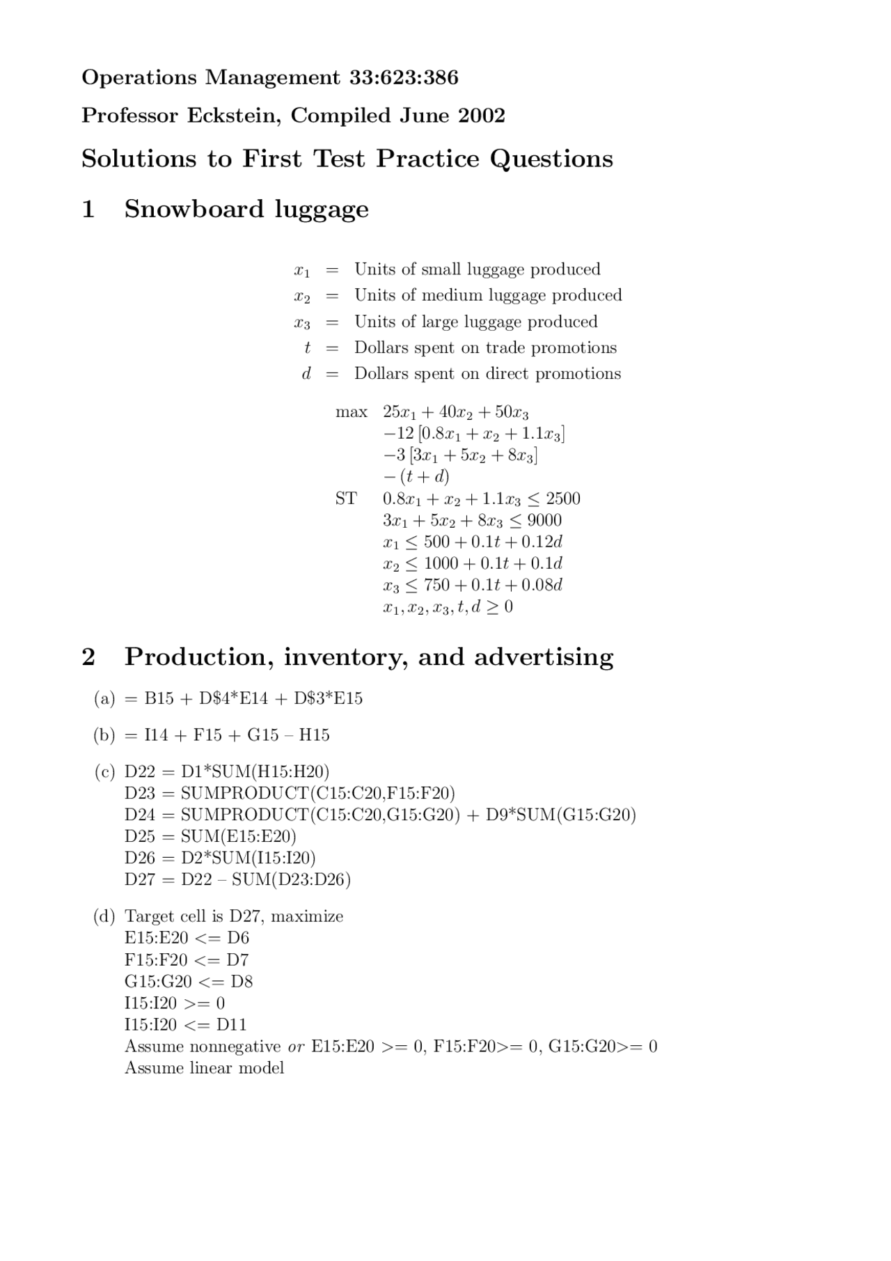 Solutions To First Test Practice Question Operations Management 623