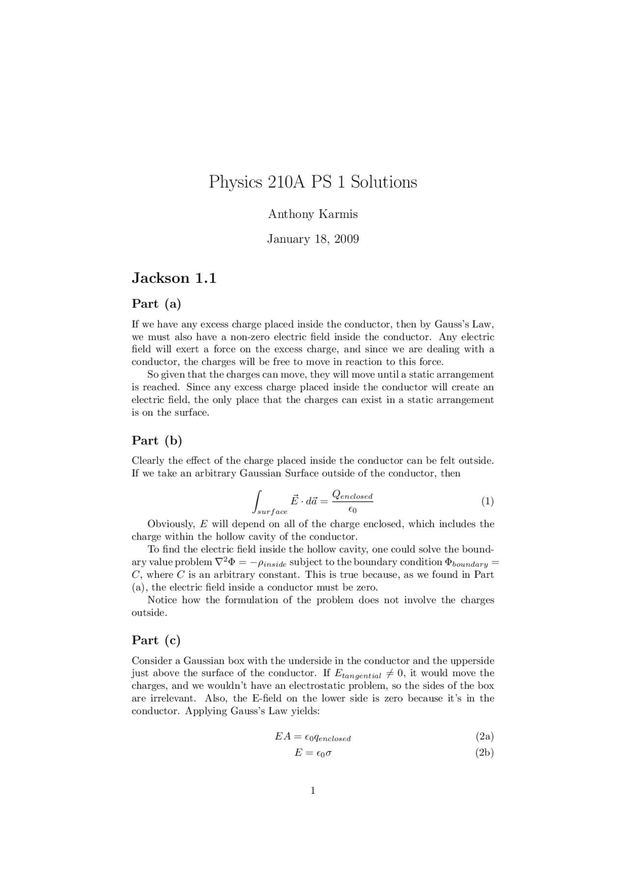 Problem Set 1 With Solutions Electromagnetism Phys 210a Docsity