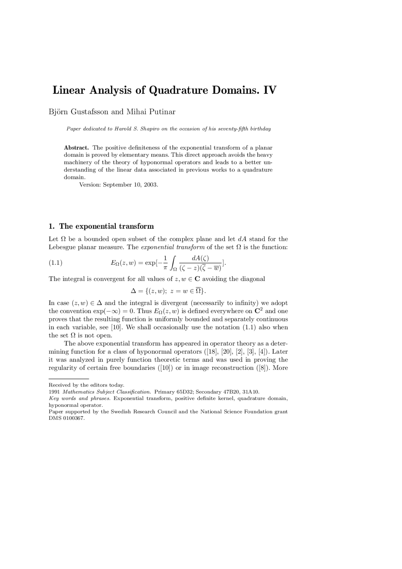 Linear Analysis of Quadrature Domains. IV | MS 10 - Docsity