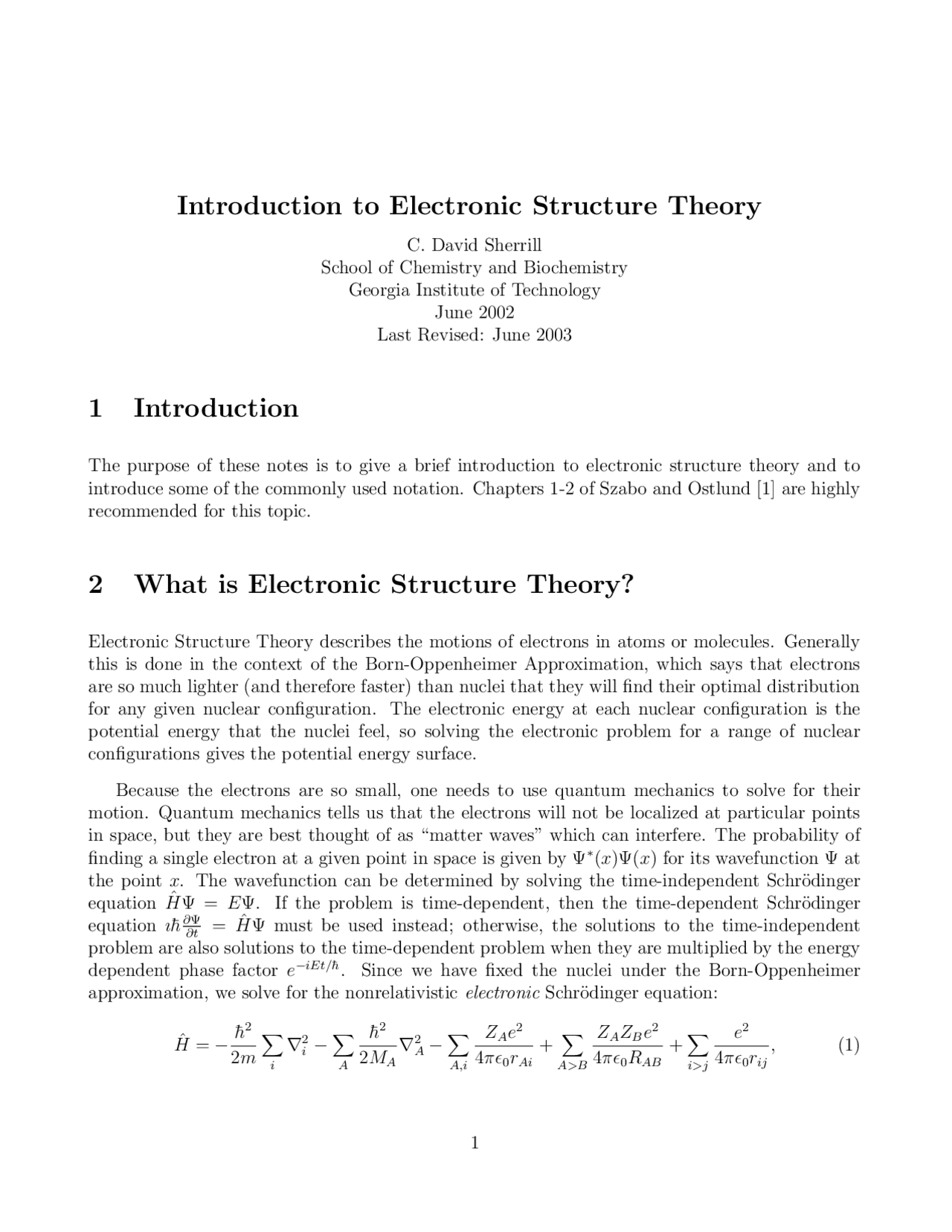 Introduction To Electronic Structure Theory Lecture Notes Chem 6485
