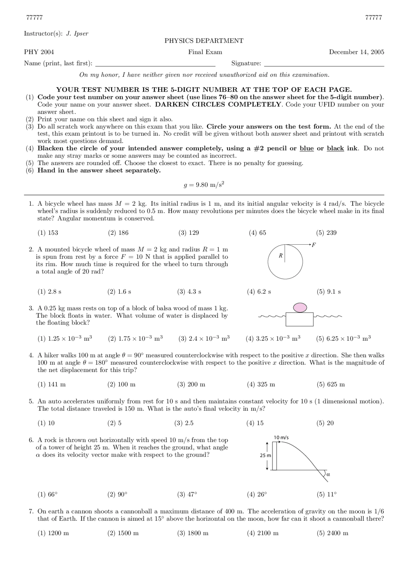 14 Mcqs For Final Exam Applied Physics I Fall 2005 Phy 2004 Docsity