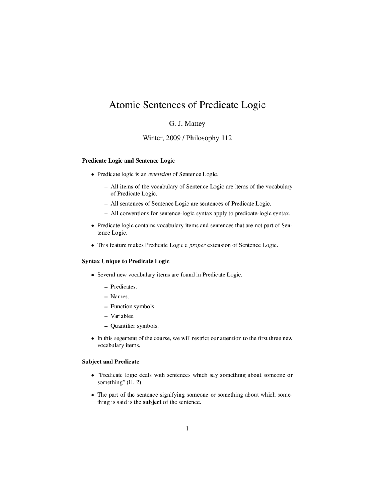 Atomic Sentences Of Predicate Logic Lecture Slides Phi 112 Docsity