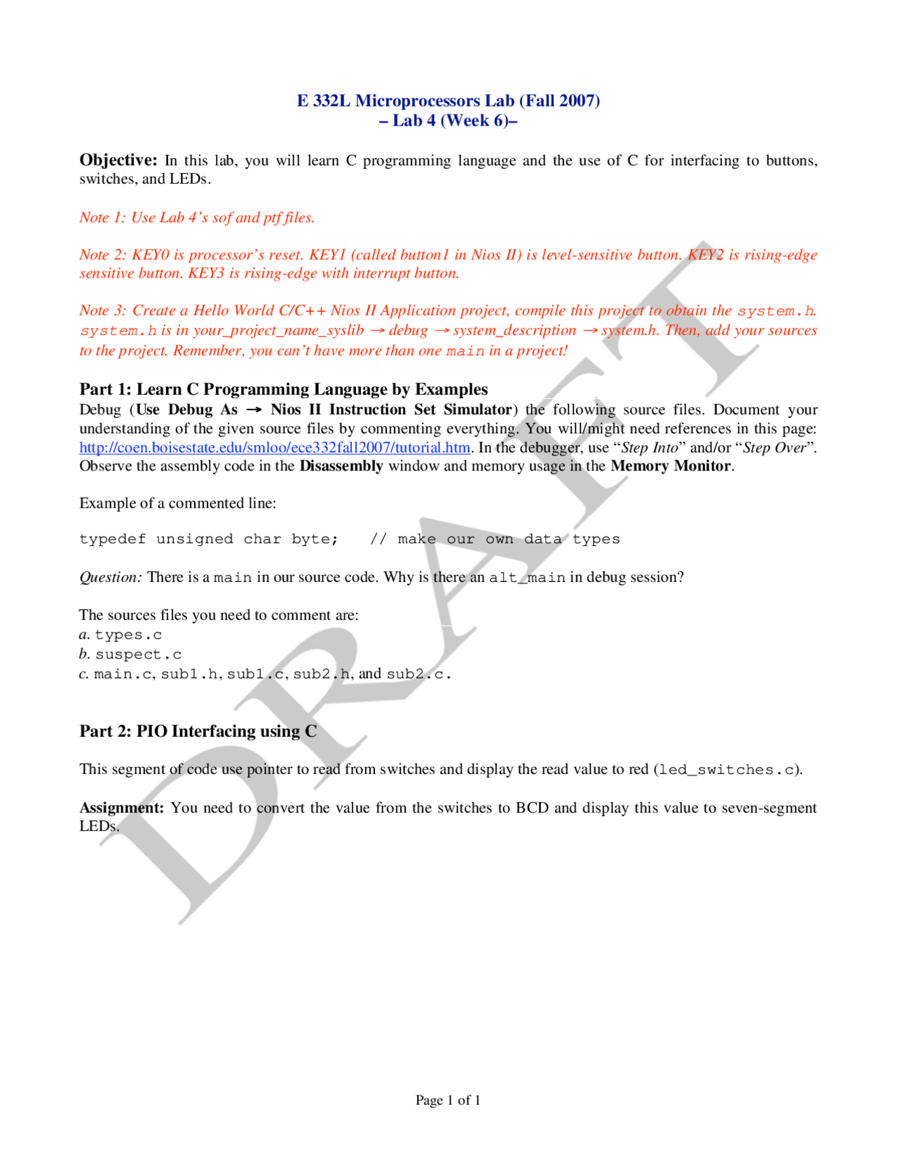 Learning C Programming Language - Microprocessors Lab 4 | ECE 332 - Docsity