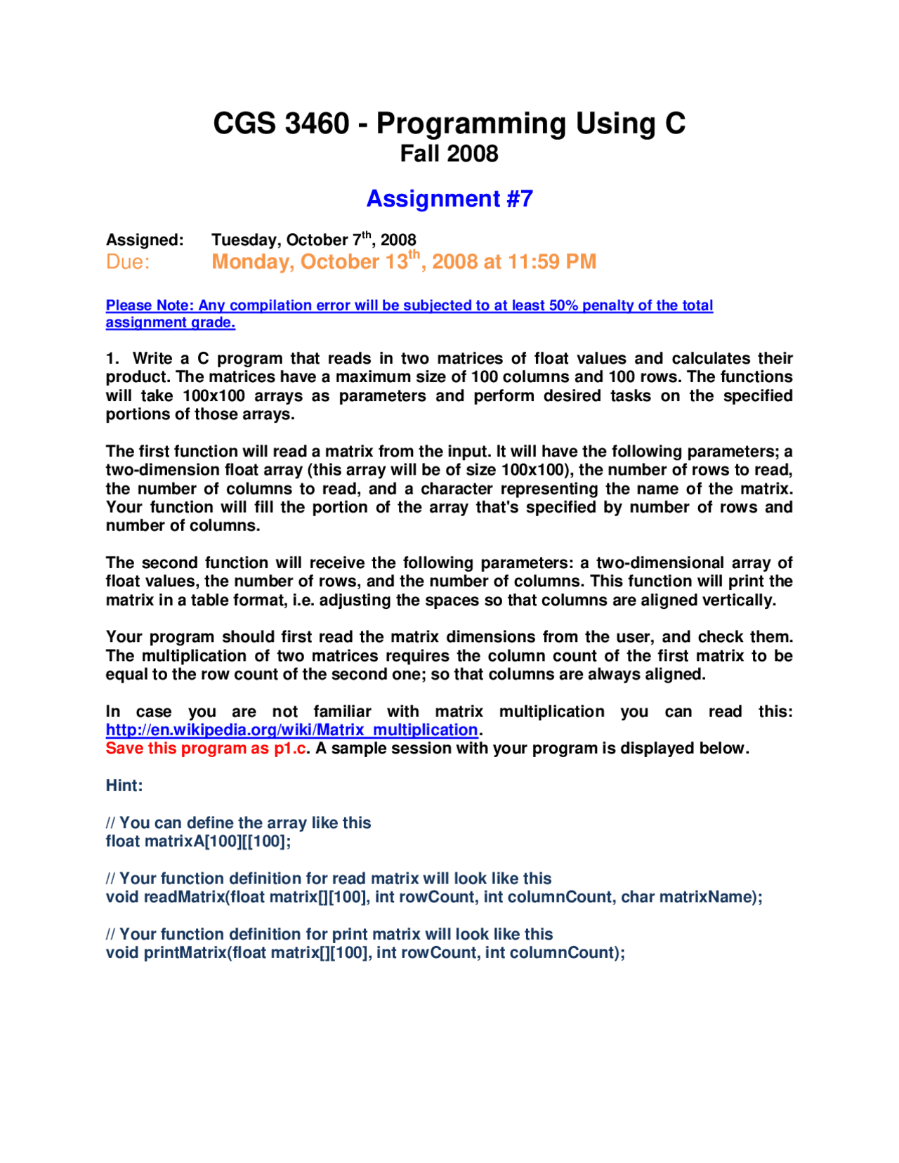 Practice Assignment 7 Programming Using C Cgs 3460 Docsity