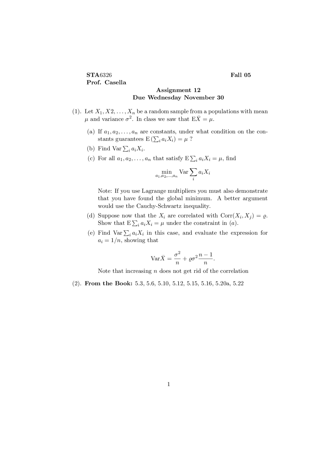 Introduction To Theoretical Statistics 1 Homework 12 Sta 6326
