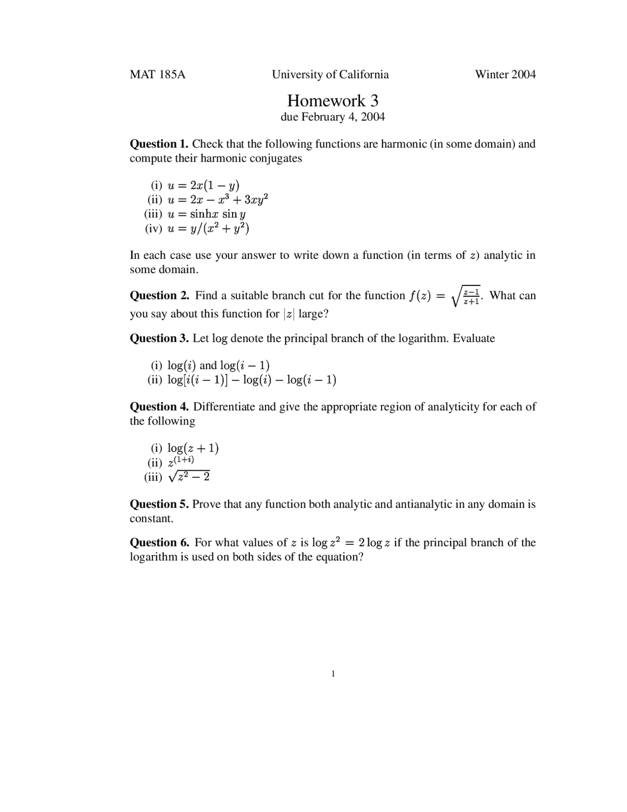Homework 3 Questions Complex Variables Mat 185a Docsity