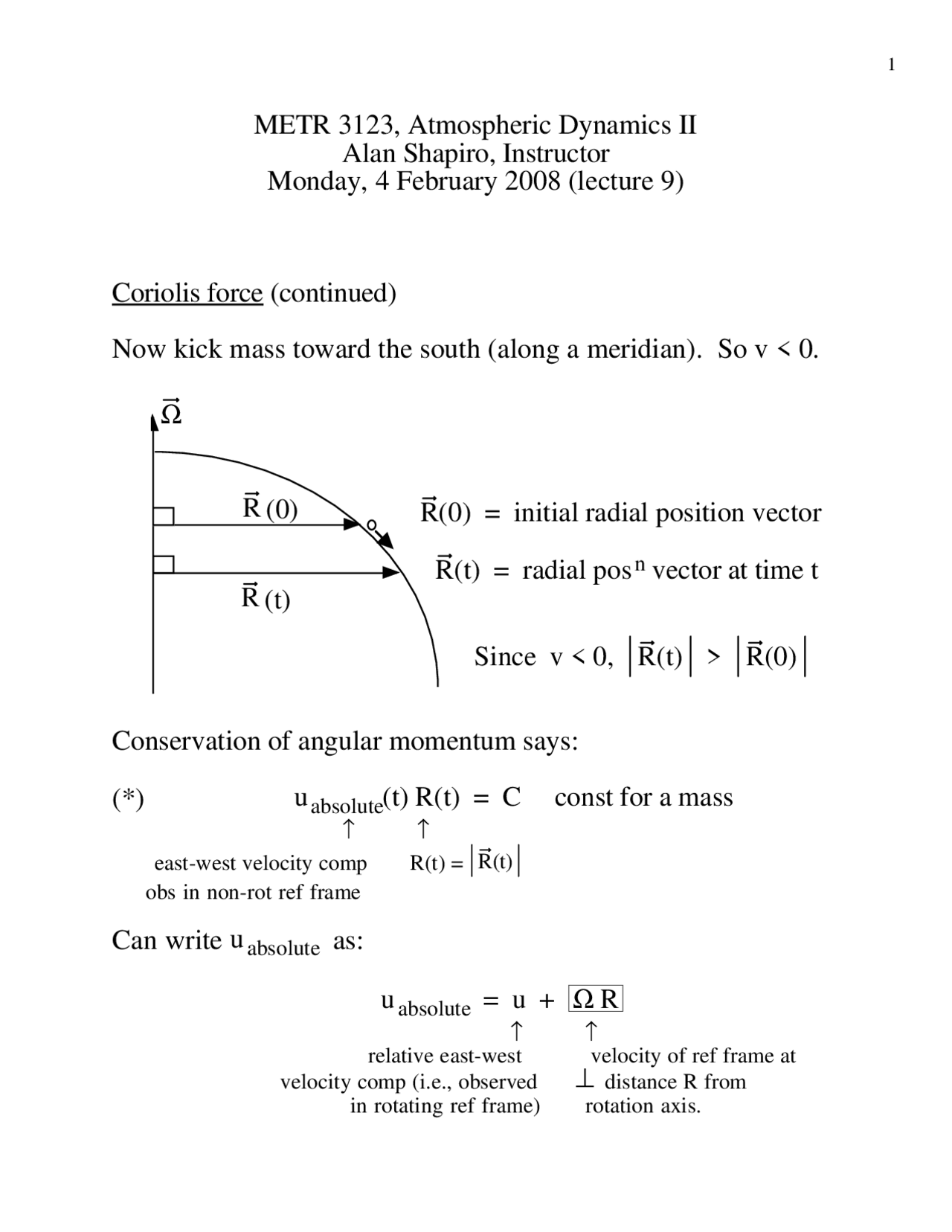 Notes On Coriolis Force Atmospheric Dynamics Ii Metr 3123 Docsity