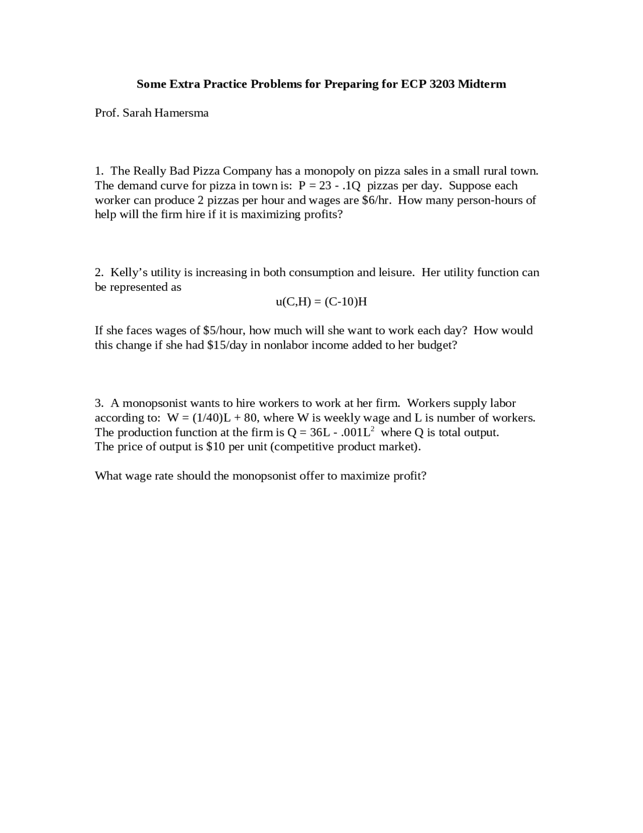 Practice Problems For Preparing Labor Economics Ecp 3203 Docsity