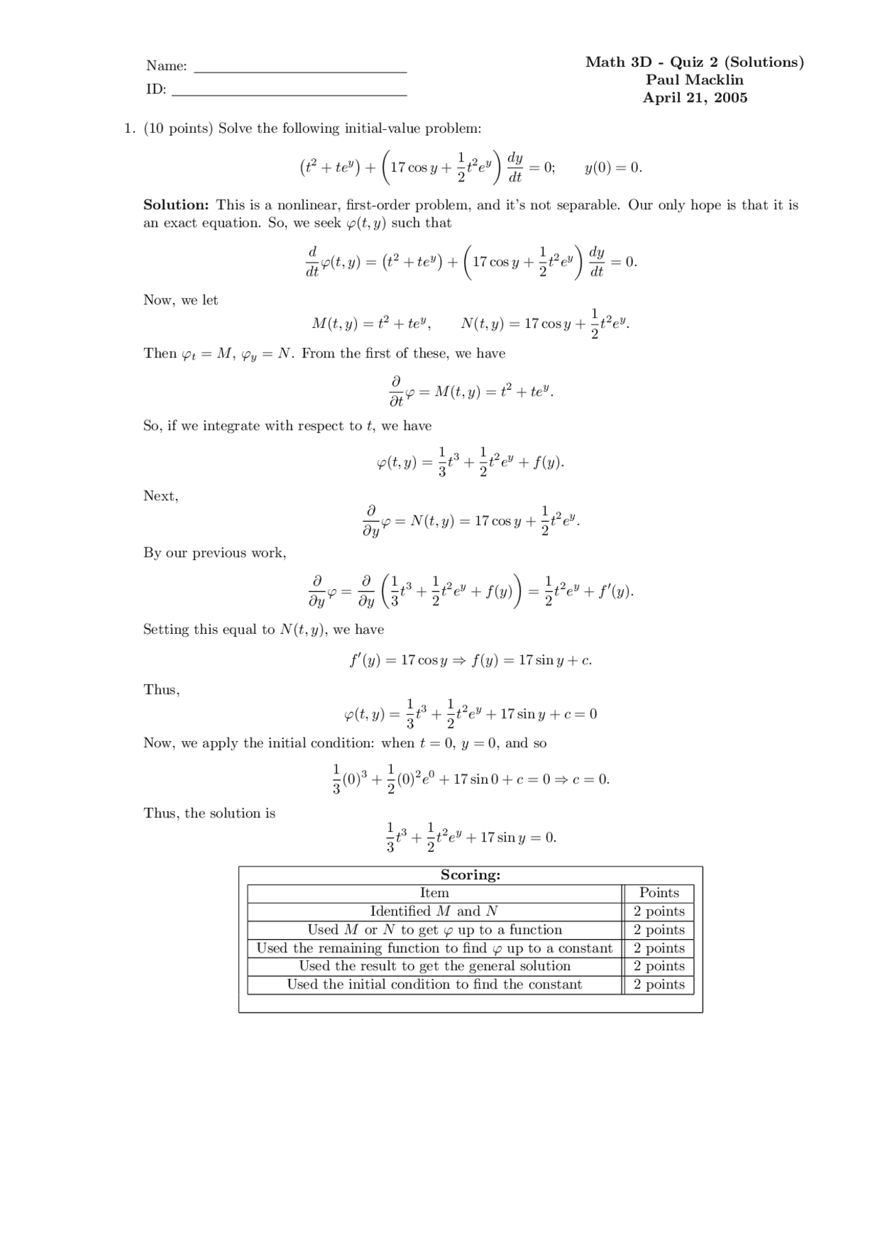 Solutions To Quiz 2 Elementary Differential Equations Math 3 Docsity