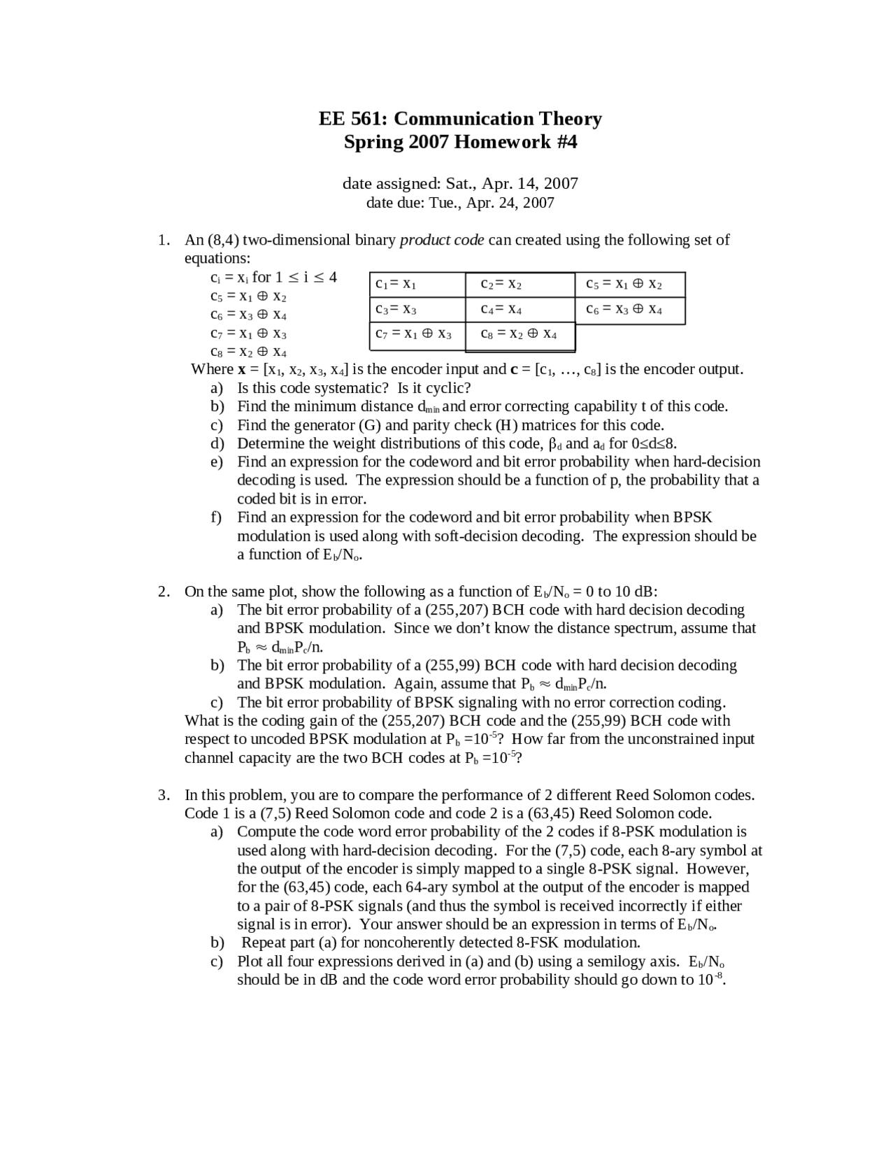 Homework 4 Communications Theory Spring 2007 Ee 561 Docsity