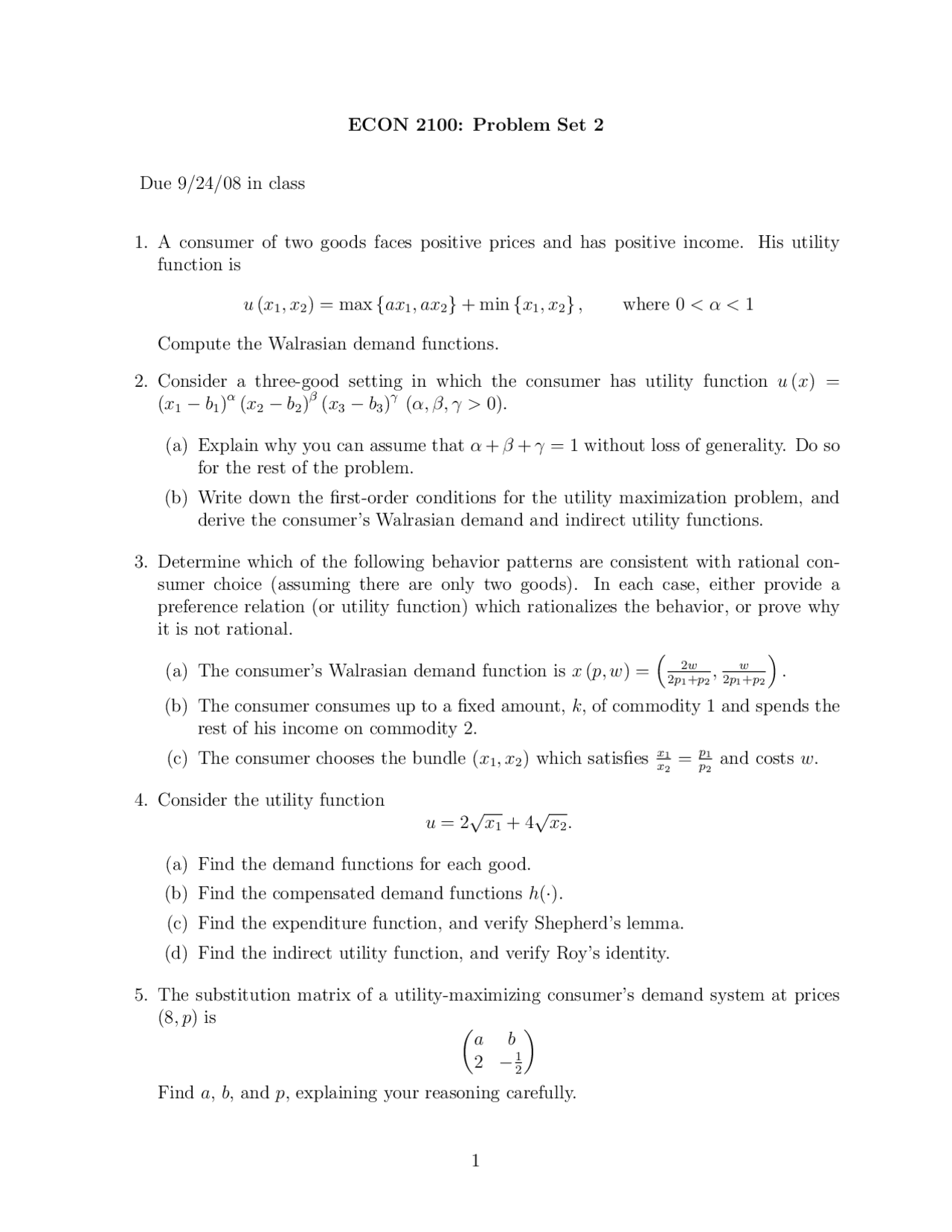 Problem Set 2 Advanced Microeconomic Theory I Econ 2100 Assignments Microeconomics Docsity